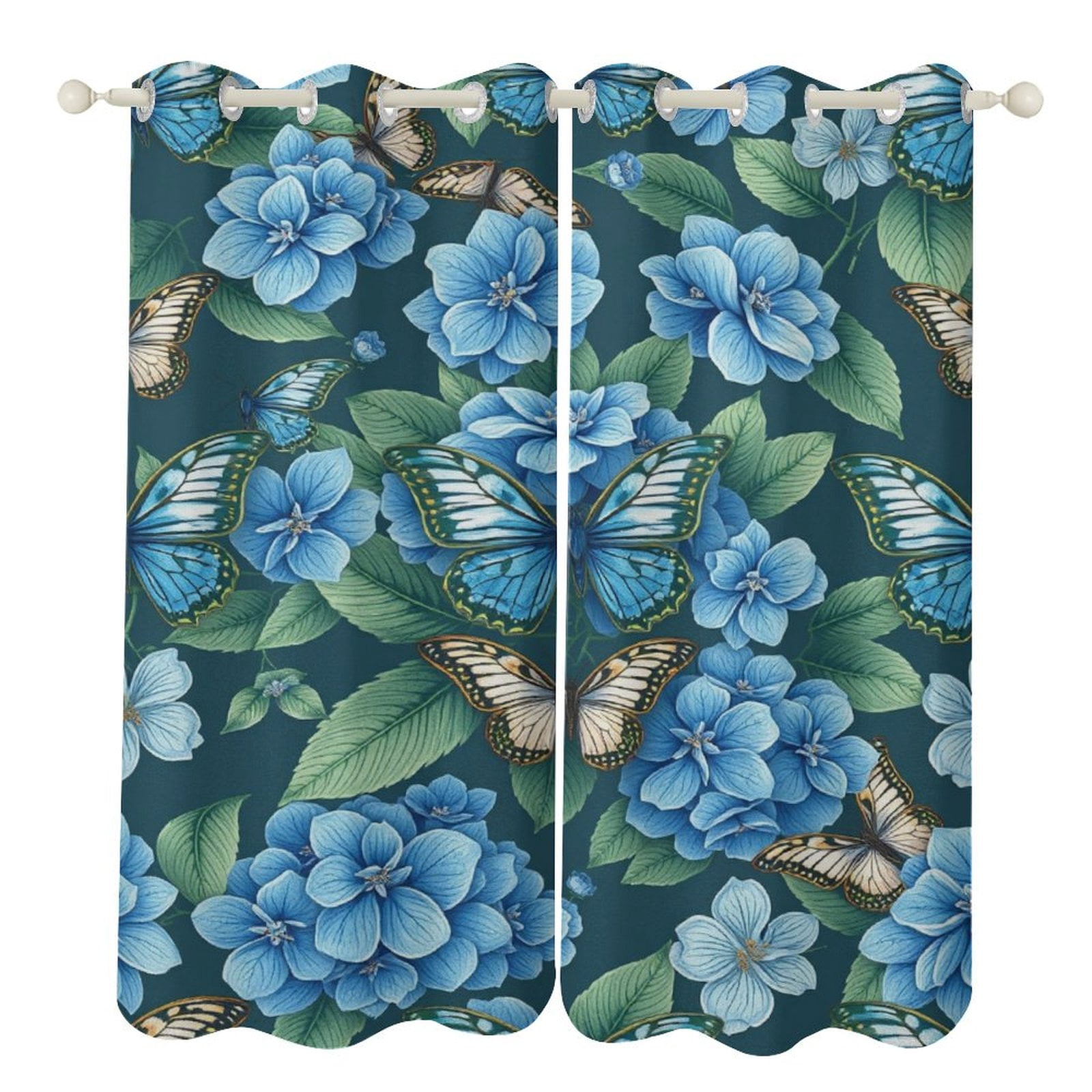 Blue Flowers Butterflies 2 Pieces Window Drape Curtain for Living Room ...