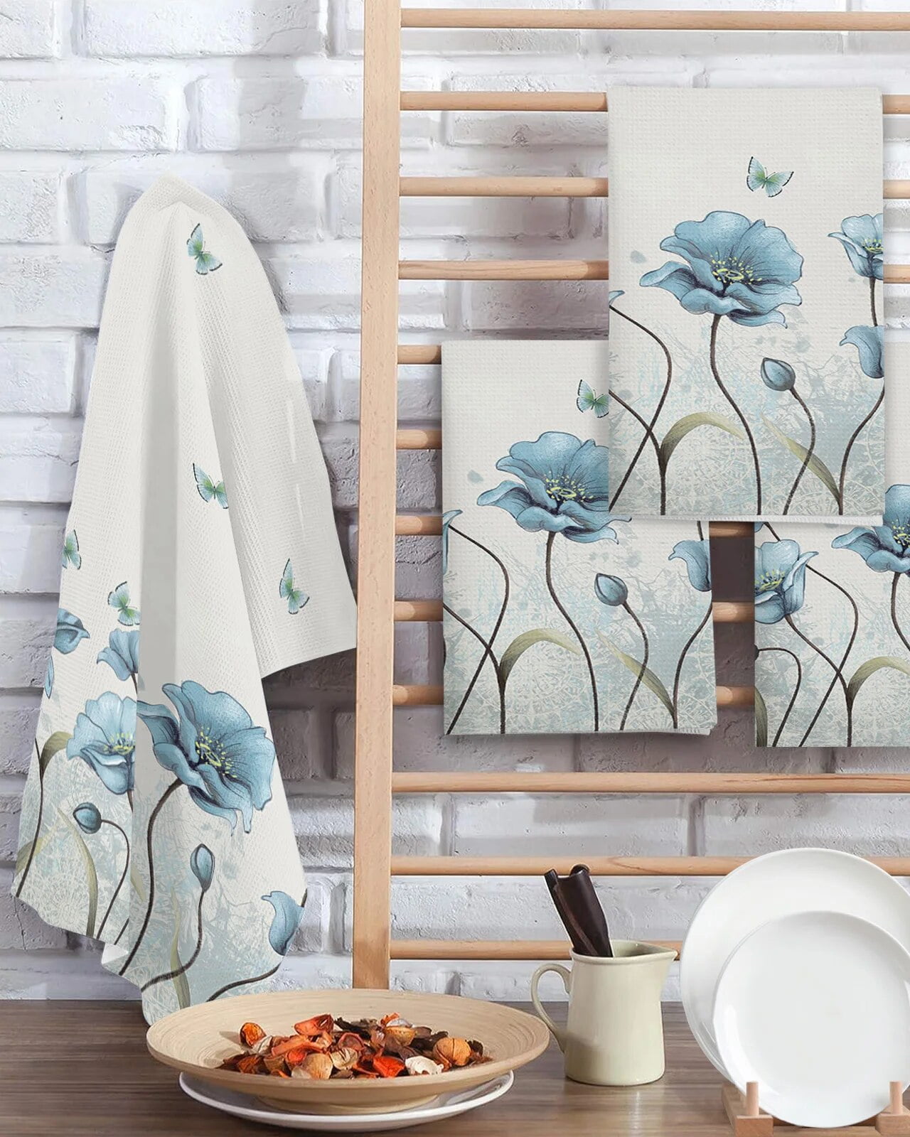 Blue Flowers Butterflies Tea Towels Absorption Walf Checks Kitchen Soft ...