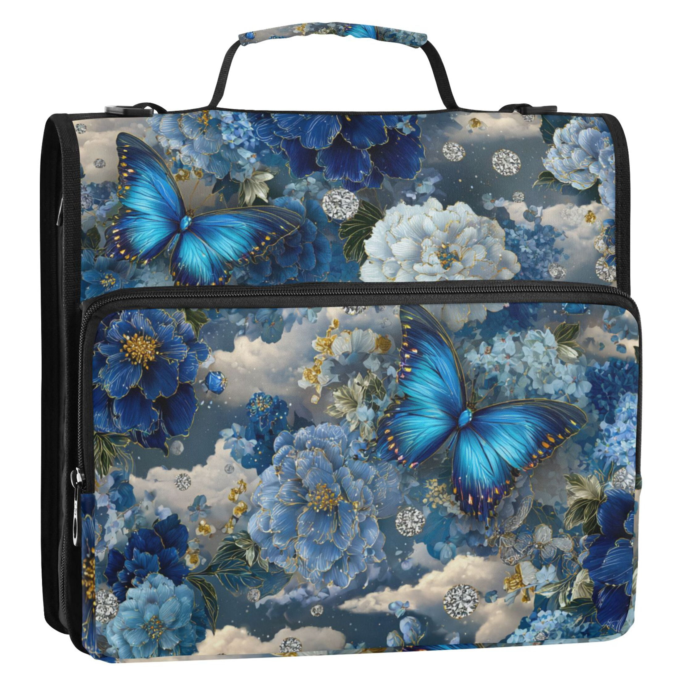 Blue Flowers Butterflies Clouds Crystals Binder Bag with Shoulder Strap 3 Ring Zipper Binder ...