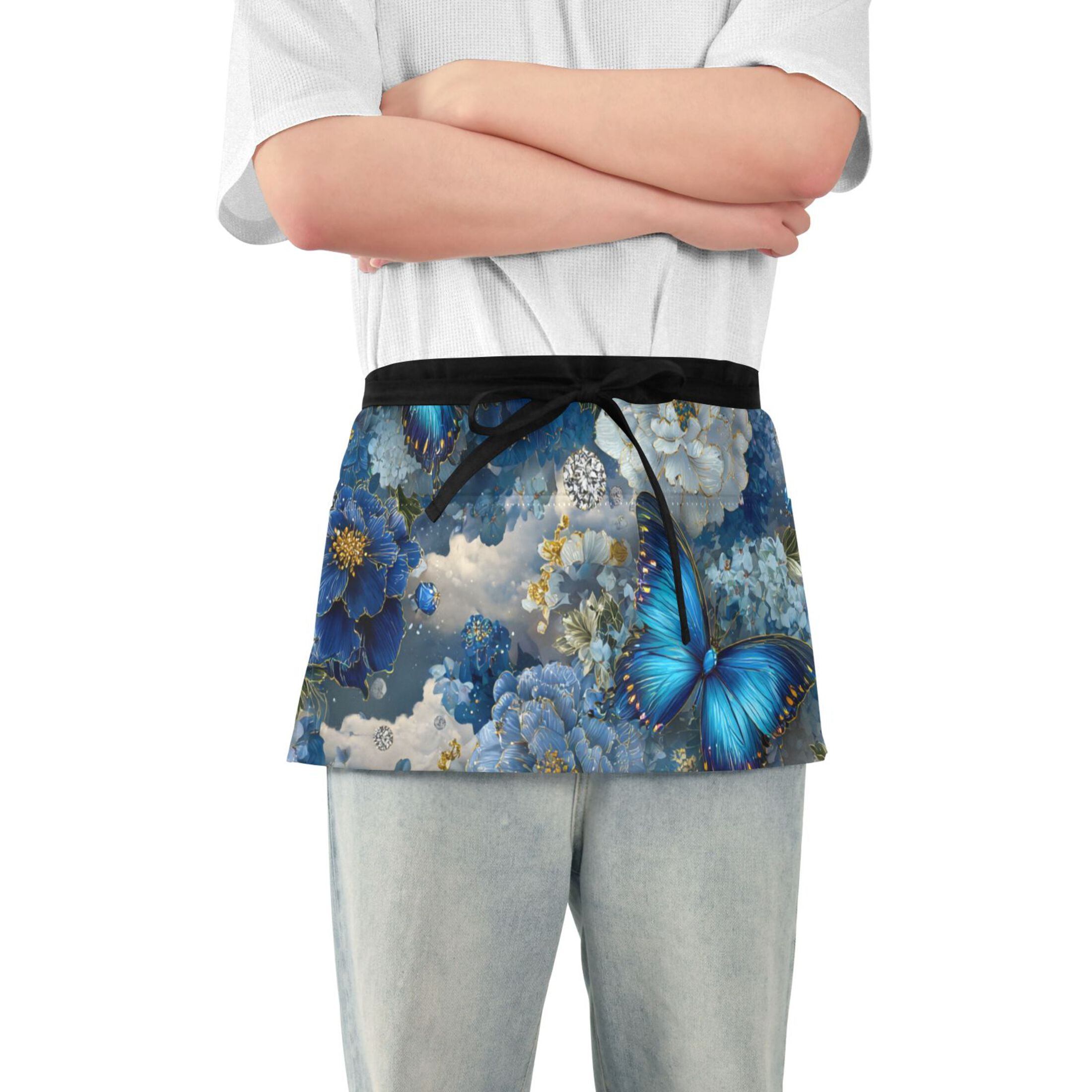 Blue Flowers Butterflies Clouds Crystals Short Server Apron with 3 ...