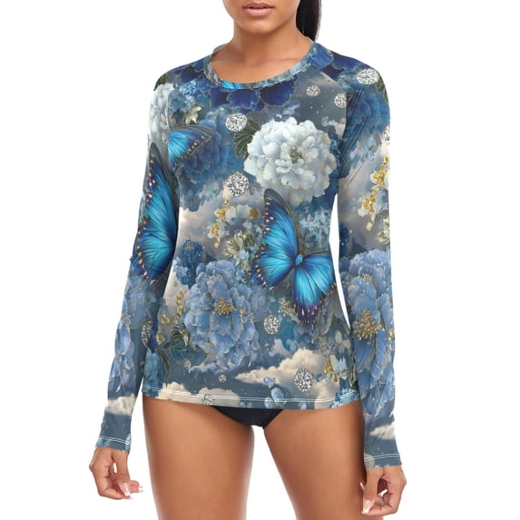 Blue Flowers Butterflies Clouds Crystals Women's Rash Guard Shirts UPF ...