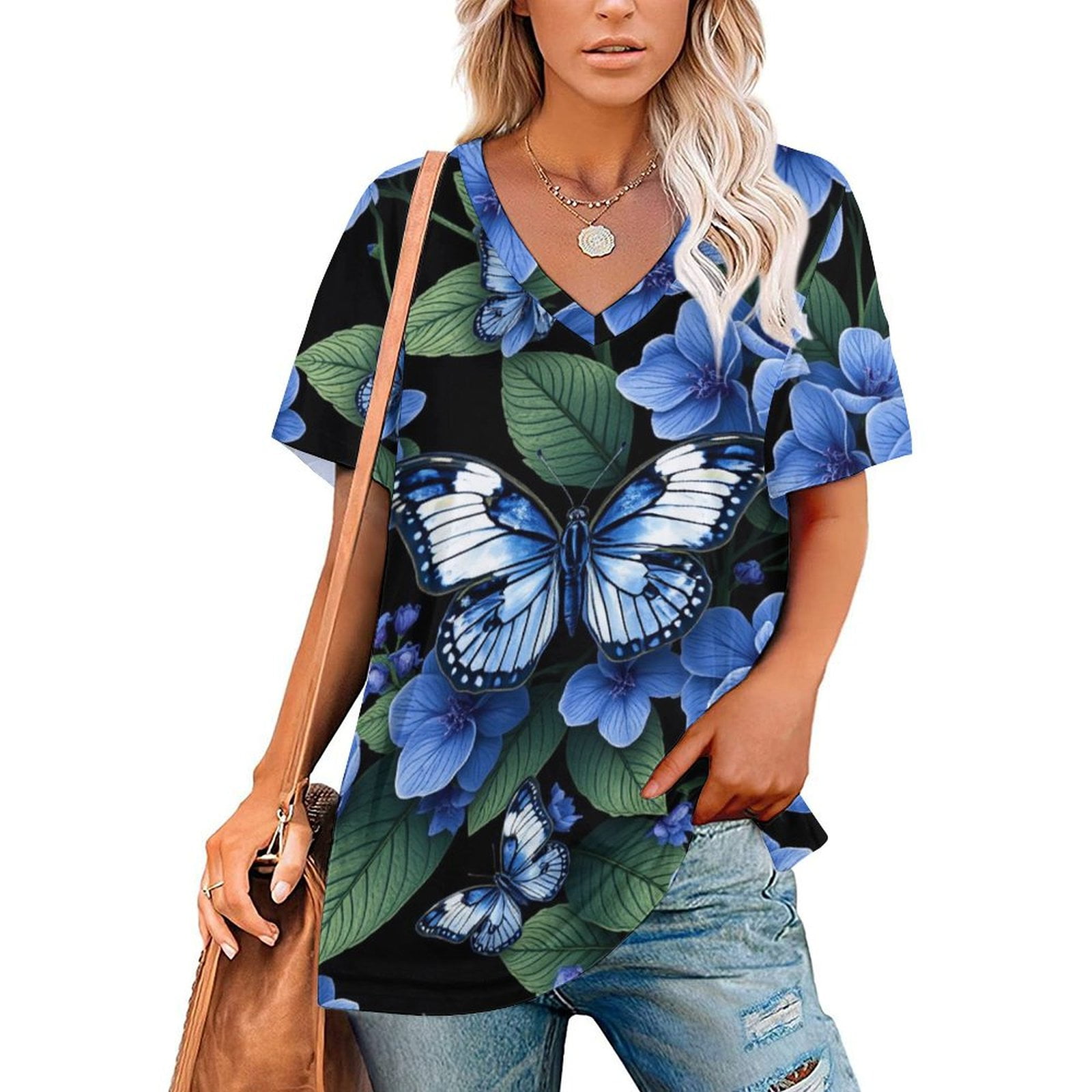 Blue Flowers Butterflies Floral V Neck Fashion Oversize T-Shirt Short ...