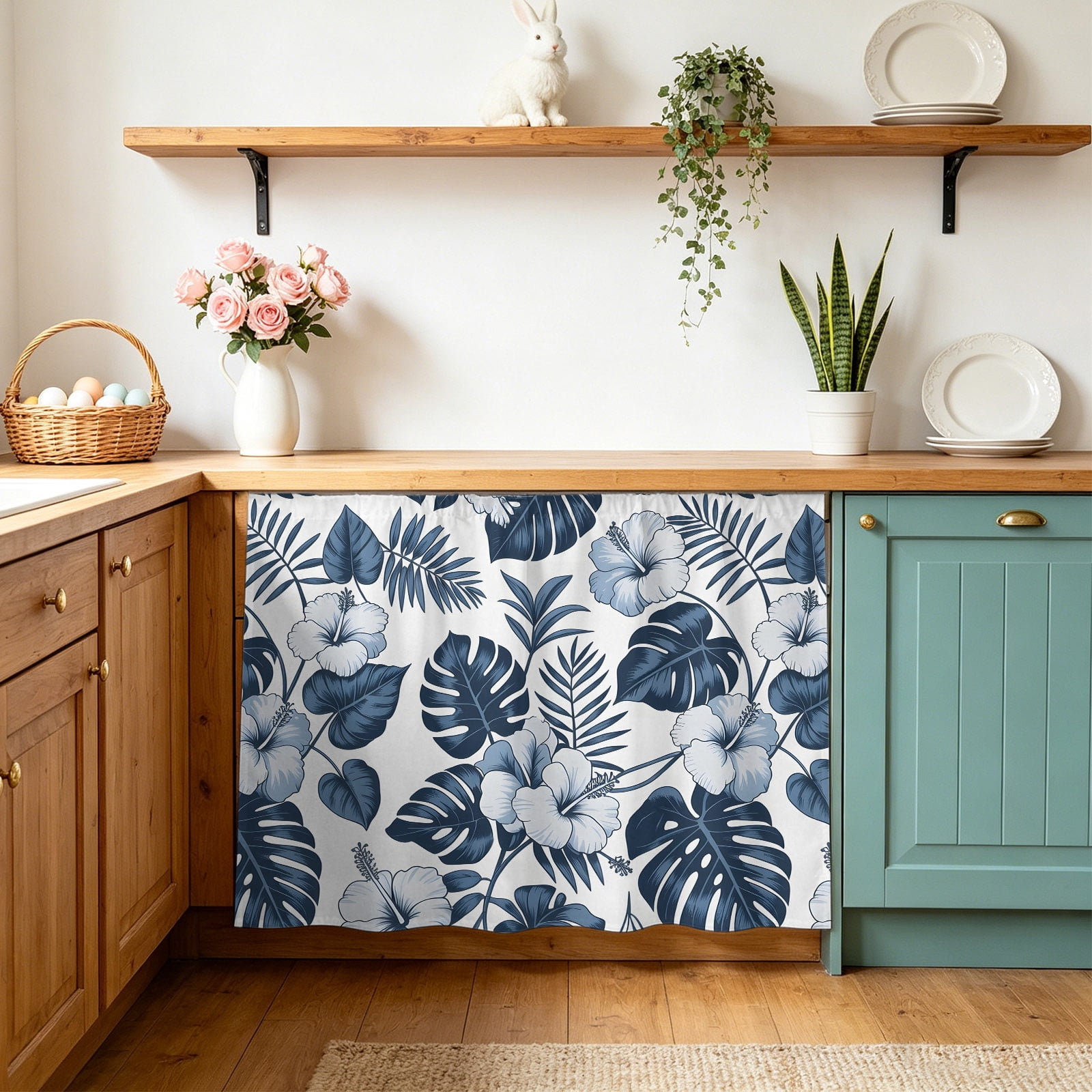 Blue Flowers Cabinet Curtains 10" W x 11" L Tropical Plant Leaf Palm ...