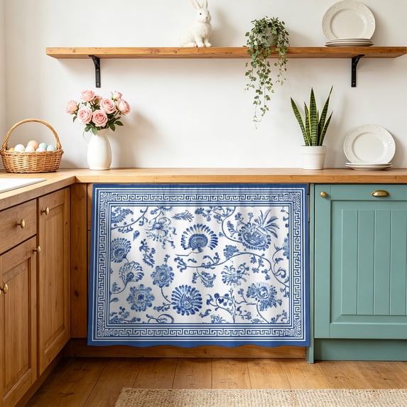 Blue Flowers Cabinet Curtains 28" W x 35" L Floral Geometric Classic ...