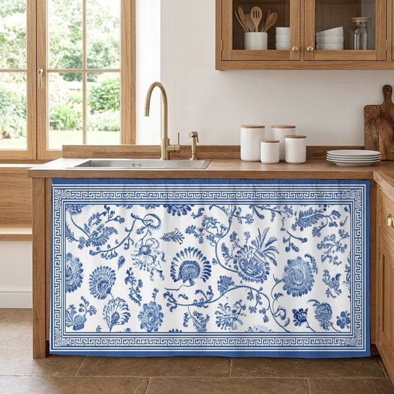 Blue Flowers Cabinet Curtains 28" W x 51" L Floral Geometric Classic ...