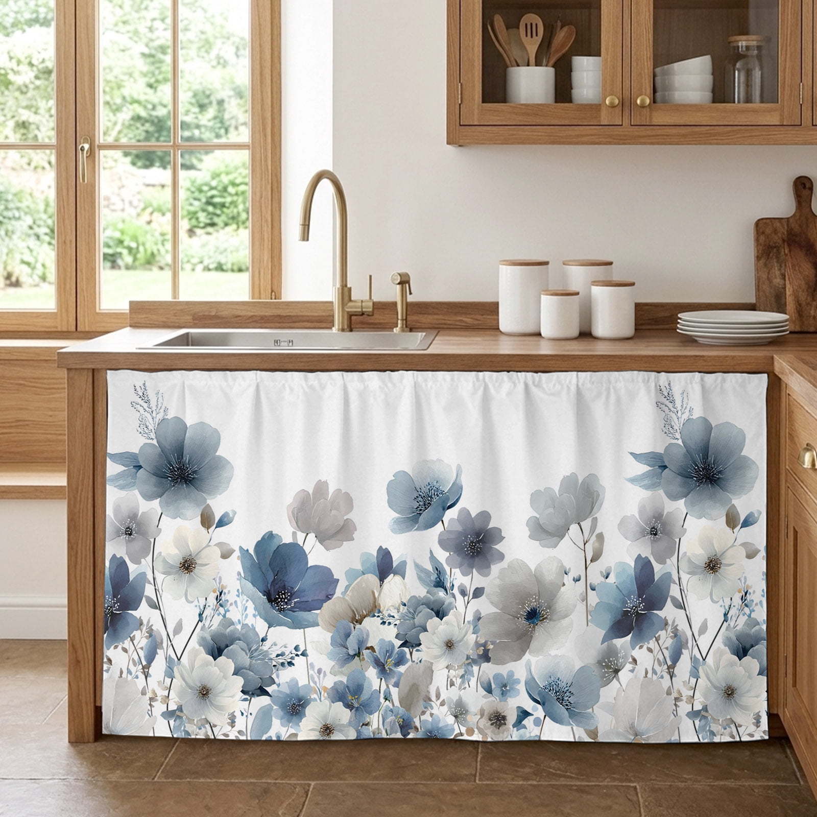 Blue Flowers Cabinet Curtains 32" W x 55" L, Country Watercolor Blue ...