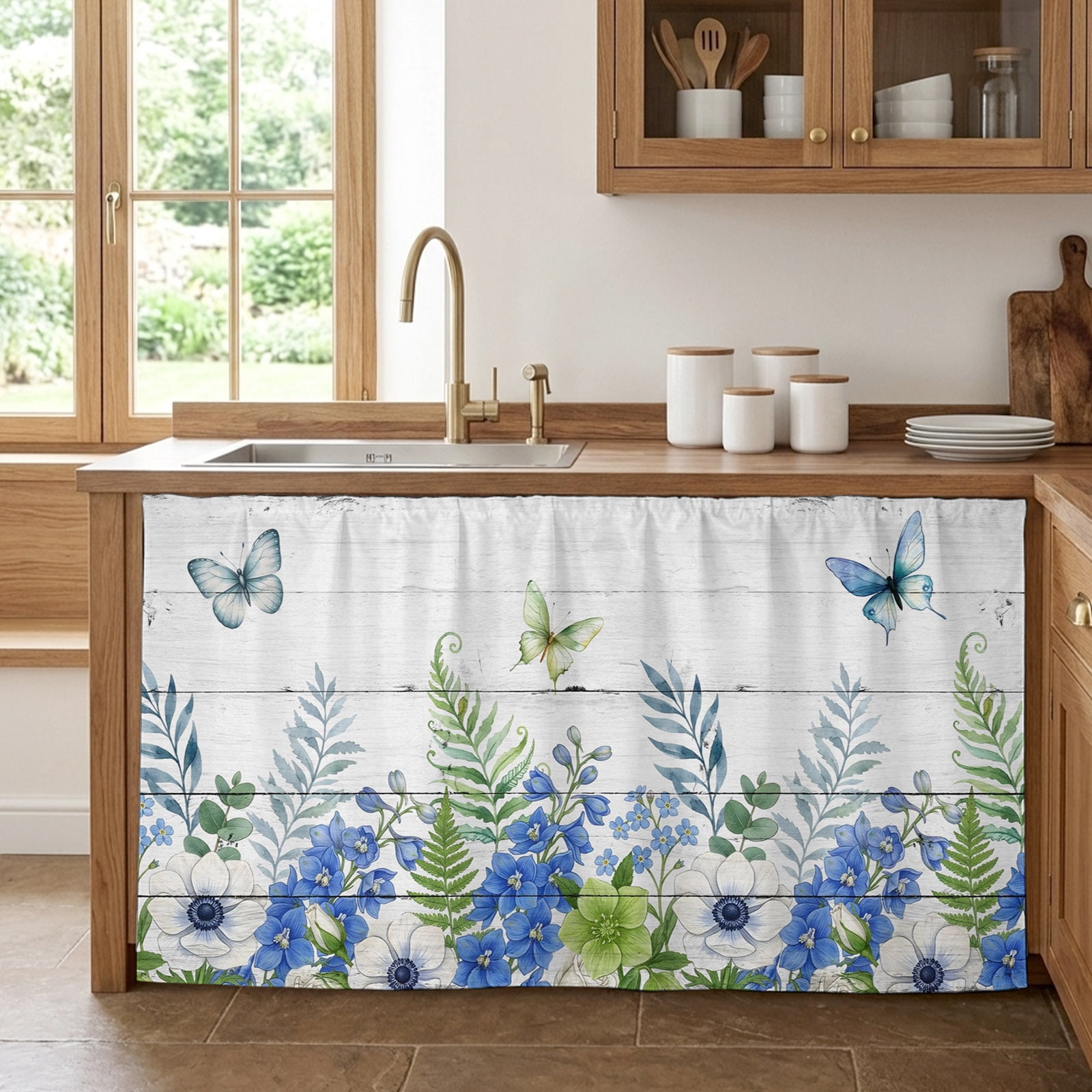 Blue Flowers Cabinet Curtains 32" W x 55" L White Floral Butterflies ...
