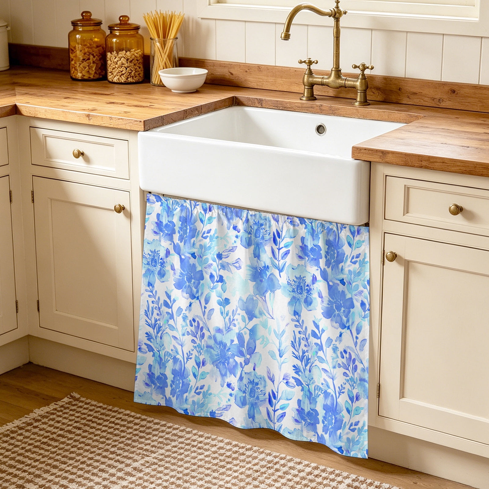 Blue Flowers Cabinet Curtains 35"W x 35"L, Watercolor Summer Botanical ...