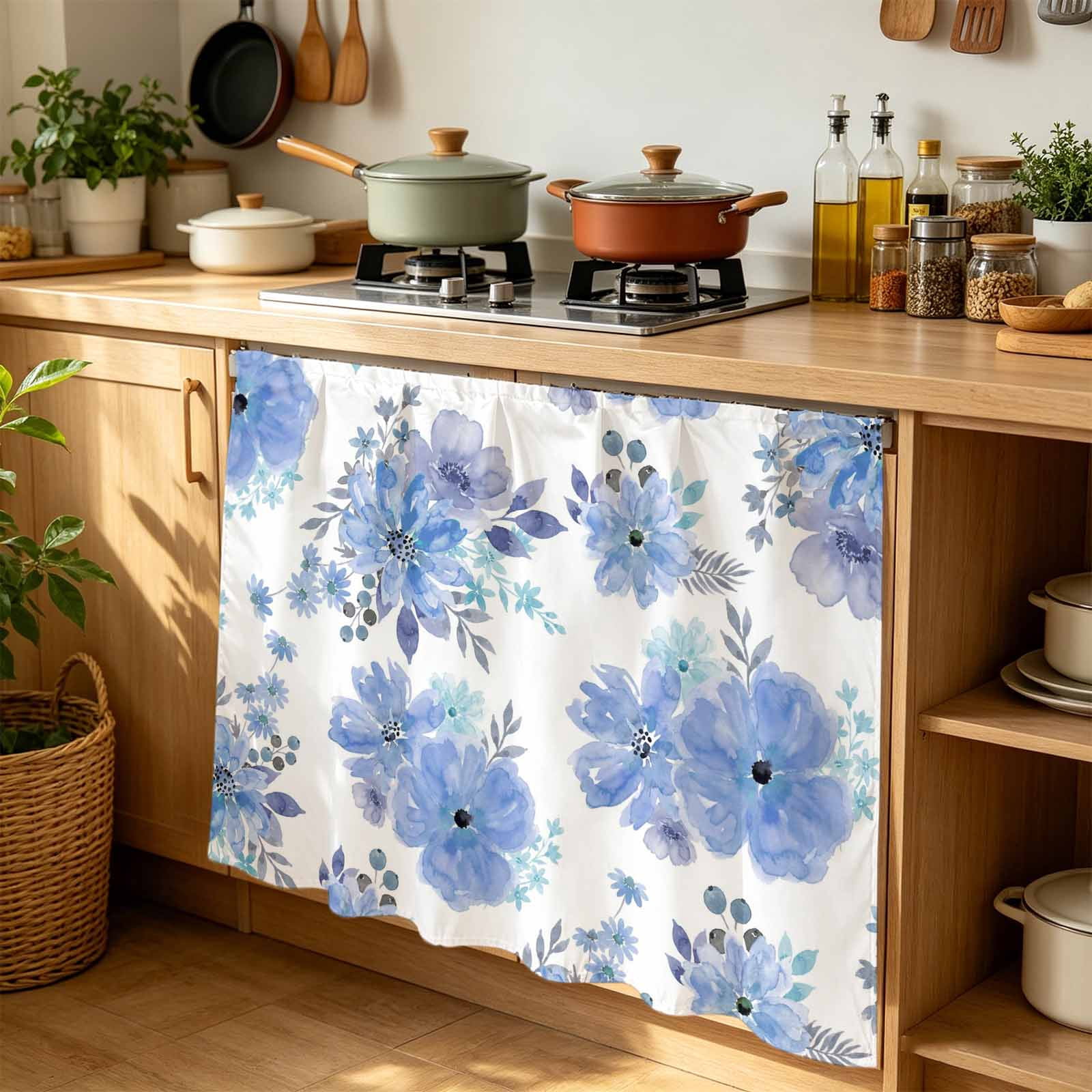 Blue Flowers Cabinet Curtains 35" W x 35" L Watercolors Spring Floral ...