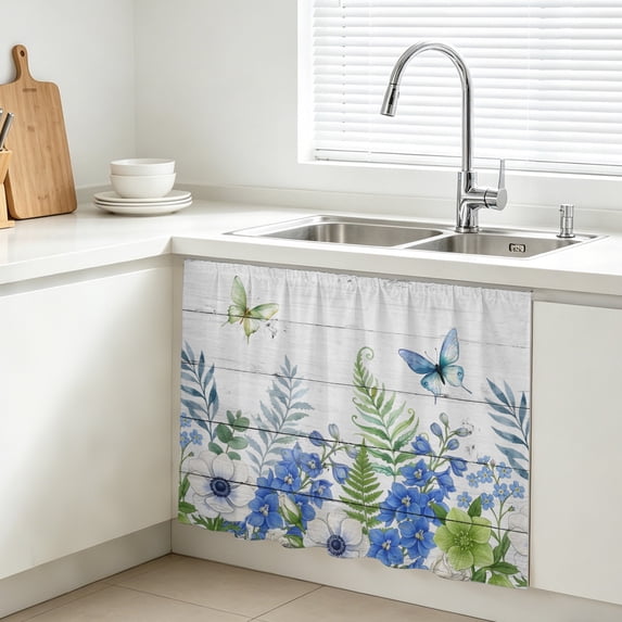 Blue Flowers Cabinet Curtains for Kitchen 28"W x 35"L, White Floral ...