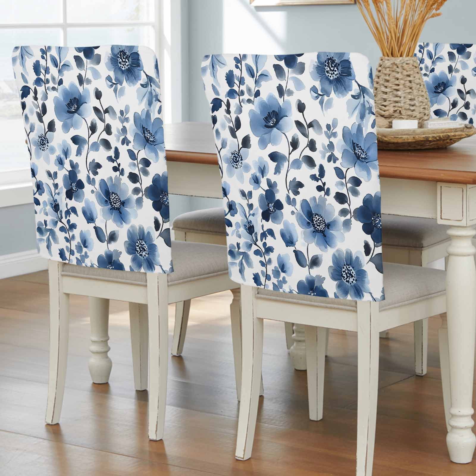 Blue Flowers Chair Back Covers, Spring Rustic Watercolor Floral Leaves ...