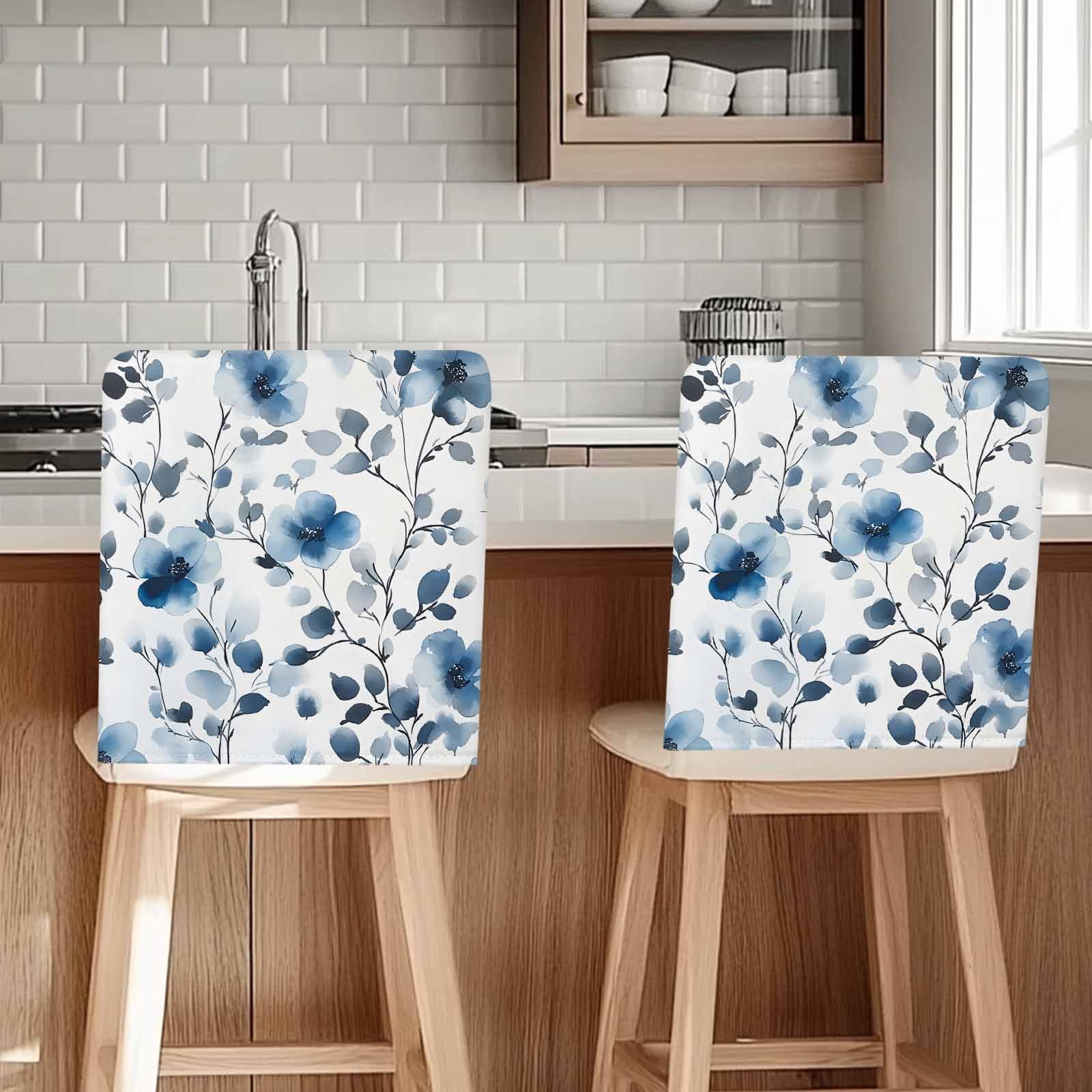 Blue Flowers Chair Covers Set of 6 Retro Spring Watercolor Leaves ...