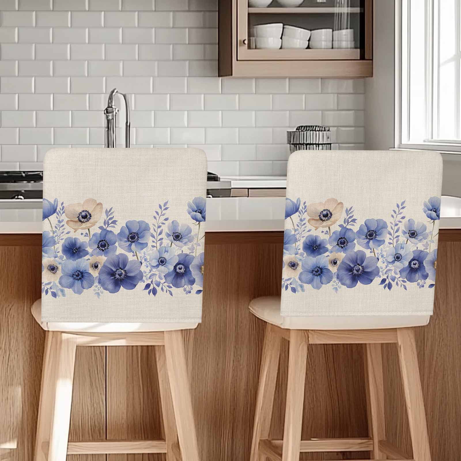 Blue Flowers Chair Covers Set of 8 Spring Watercolor Floral Linen ...