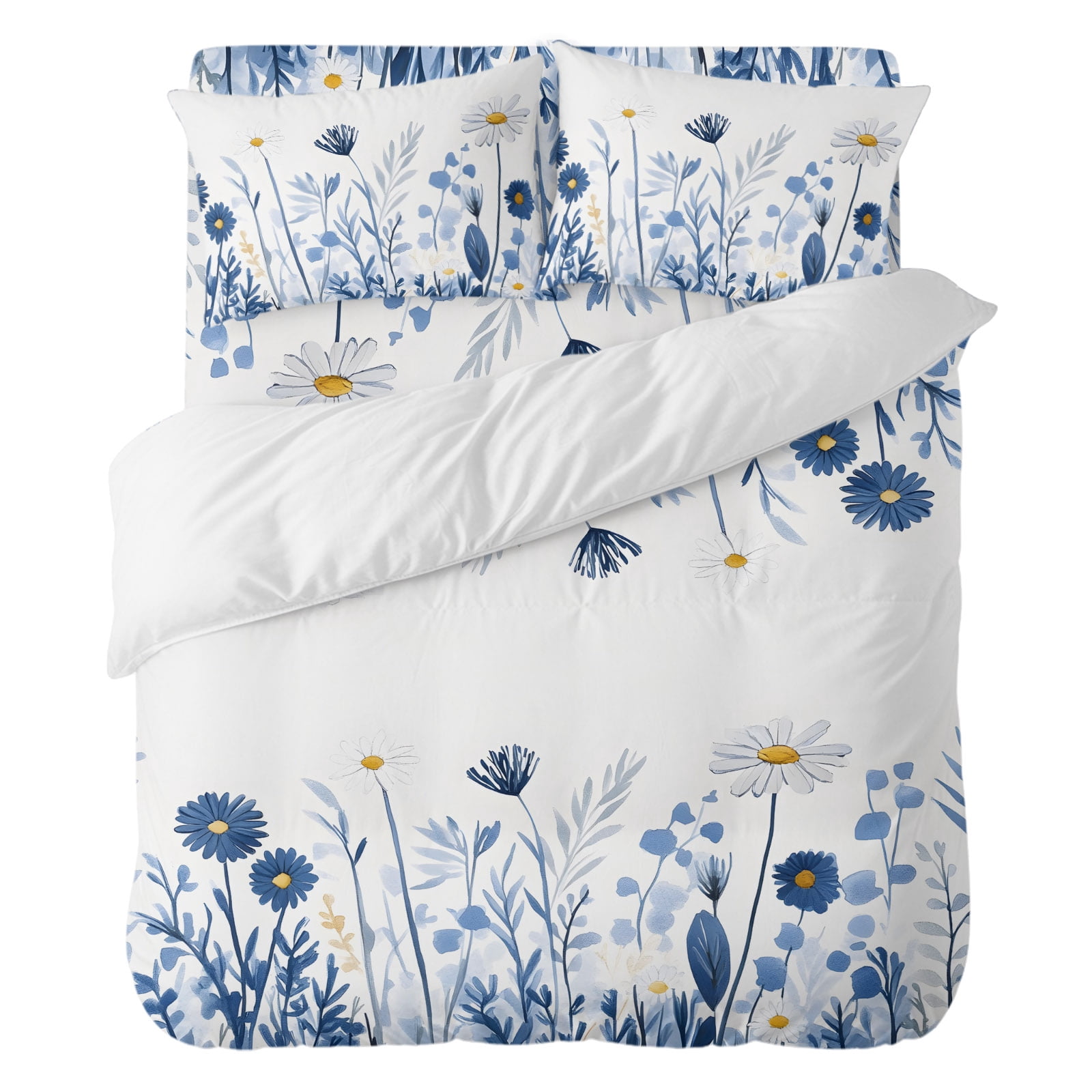 Blue Flowers Comforter Set California King Size, Spring Watercolor ...