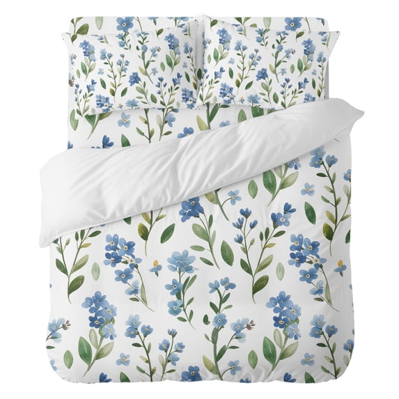 Blue Flowers Comforter Set Full Size, Green Leaf Spring Plant Country ...