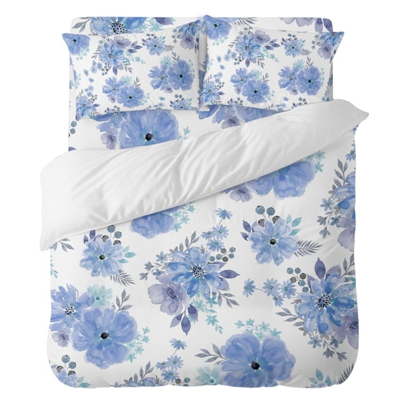 Blue Flowers Comforter Set Queen Size, Watercolors Spring Floral ...