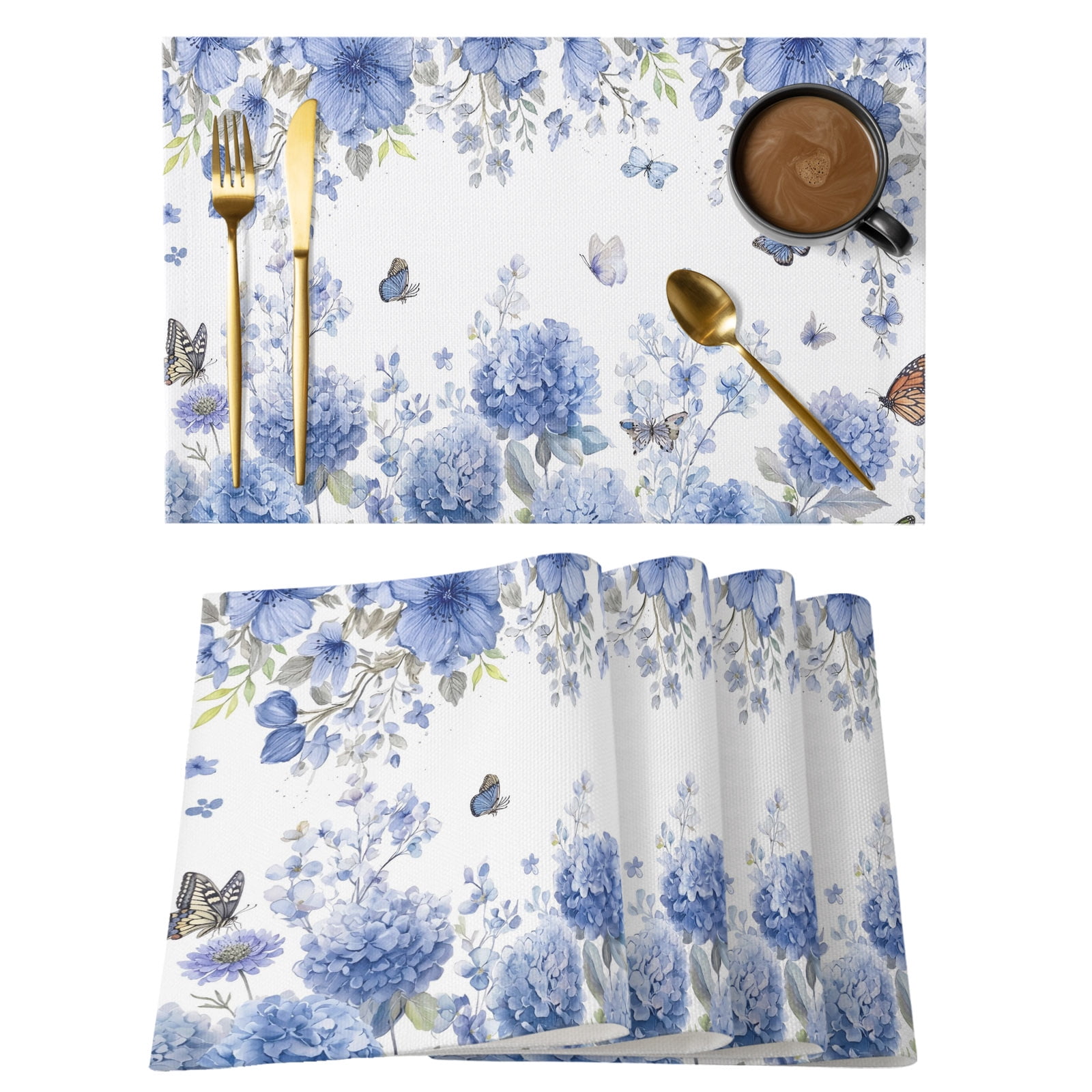 Blue Flowers Cotton Linen Placemats Set of 1, Watercolor Hydrangeas ...