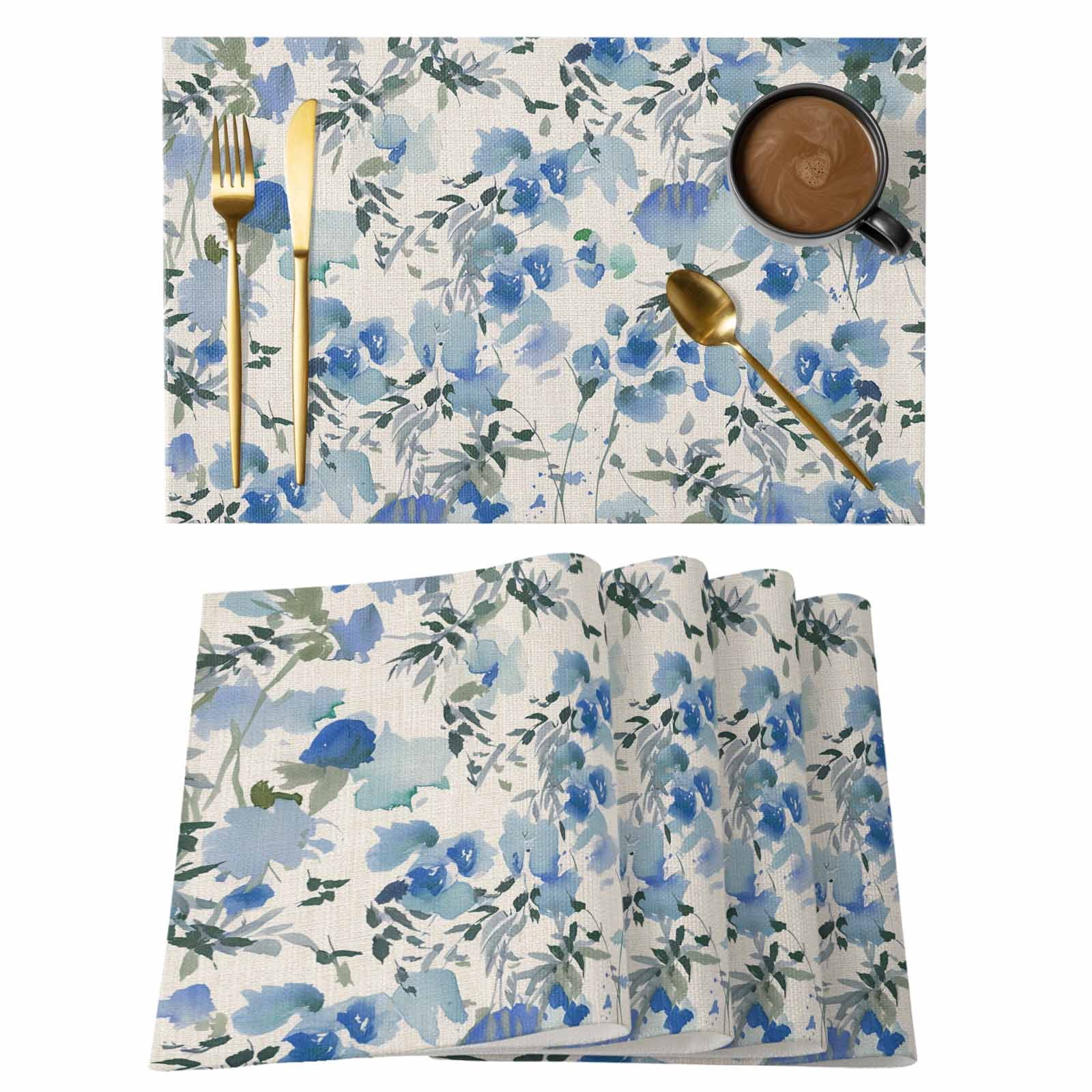 Blue Flowers Cotton Linen Placemats Set of 12, Spring Watercolor Blue ...