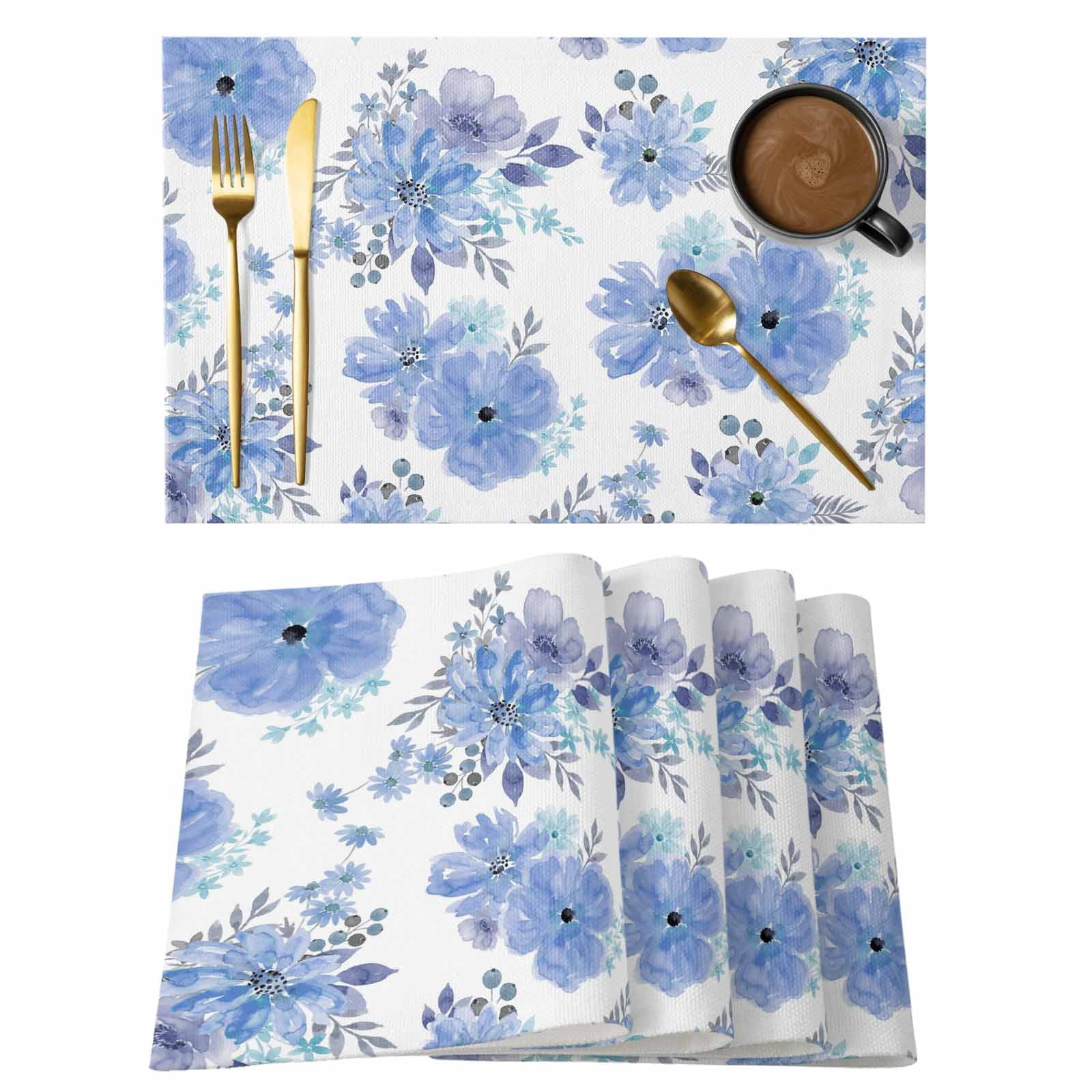 Blue Flowers Cotton Linen Placemats Set of 4, Watercolors Spring Floral ...