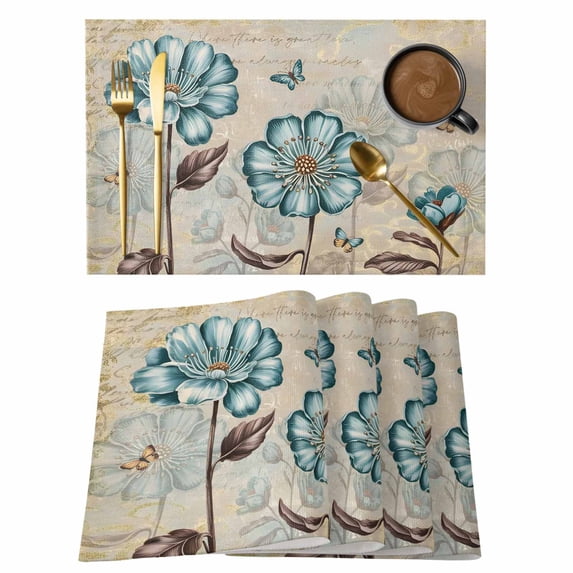 Blue Flowers Cotton Linen Placemats Set of 6, Vintage Country Spring ...