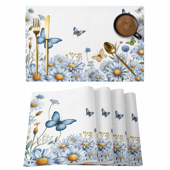 Blue Flowers Cotton Linen Placemats Set of 8, Daisy Butterflies ...