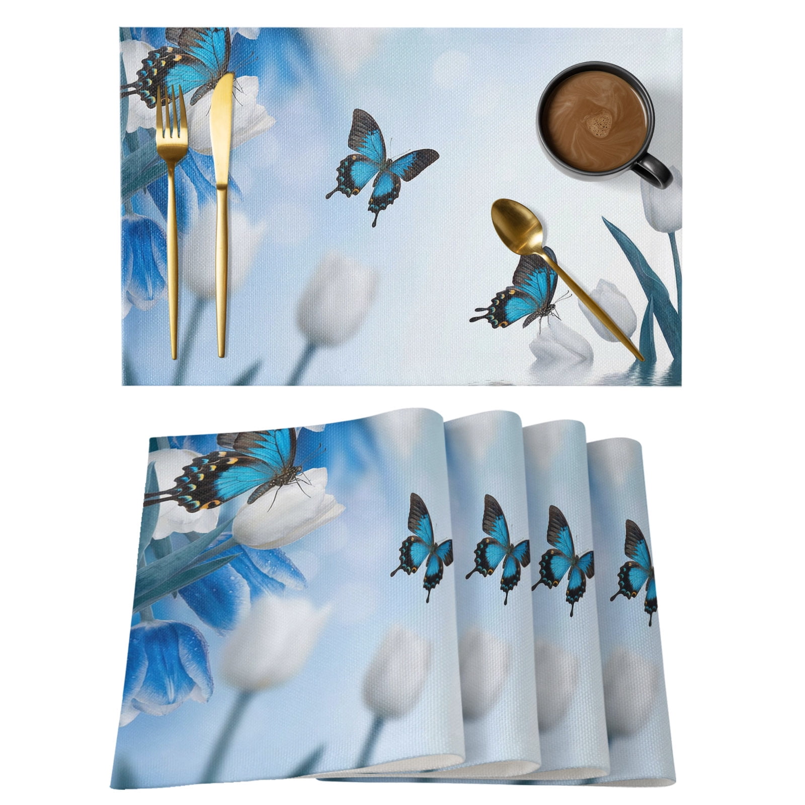 Blue Flowers Cotton Linen Placemats Set of 8, White Flowers Butterflies ...