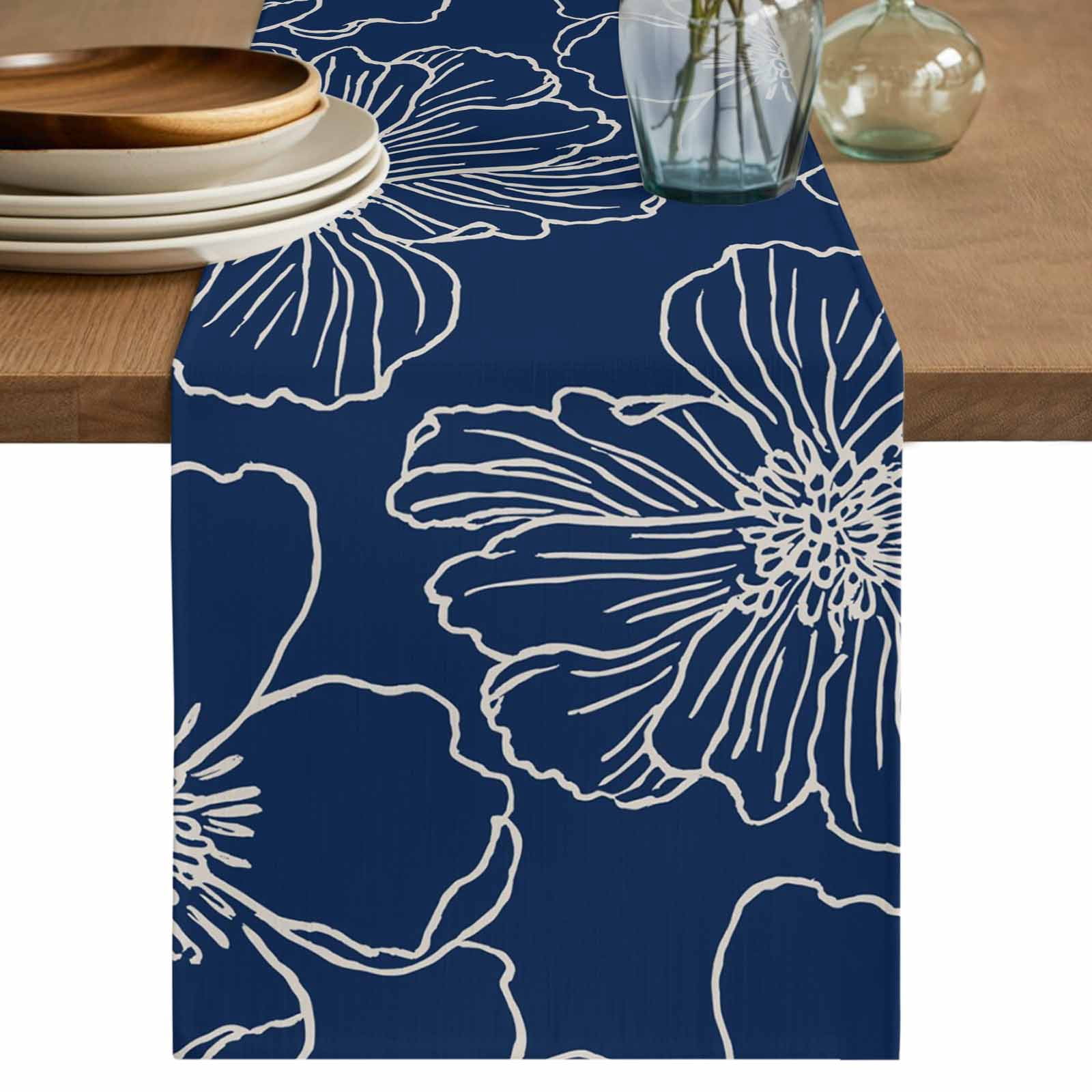 Blue Flowers Cotton Linen Table Runner for Dining Kitchen, Spring ...