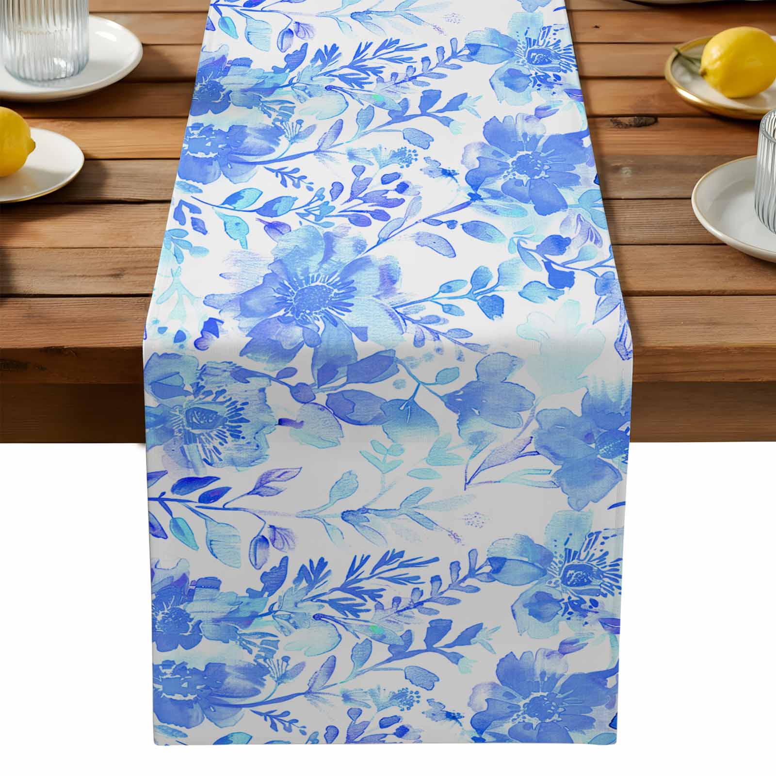 Blue Flowers Cotton Linen Table Runner for Dining Kitchen, Watercolor ...