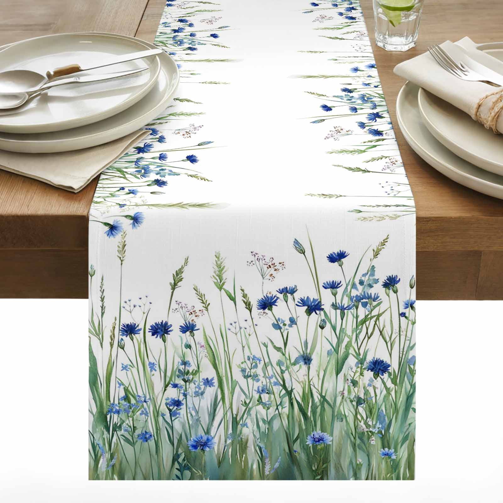 Blue Flowers Cotton Linen Table Runner Green Leaves Grass Spring Plant ...