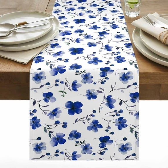 Blue Flowers Cotton Linen Table Runner Spring Floral Dining Table ...