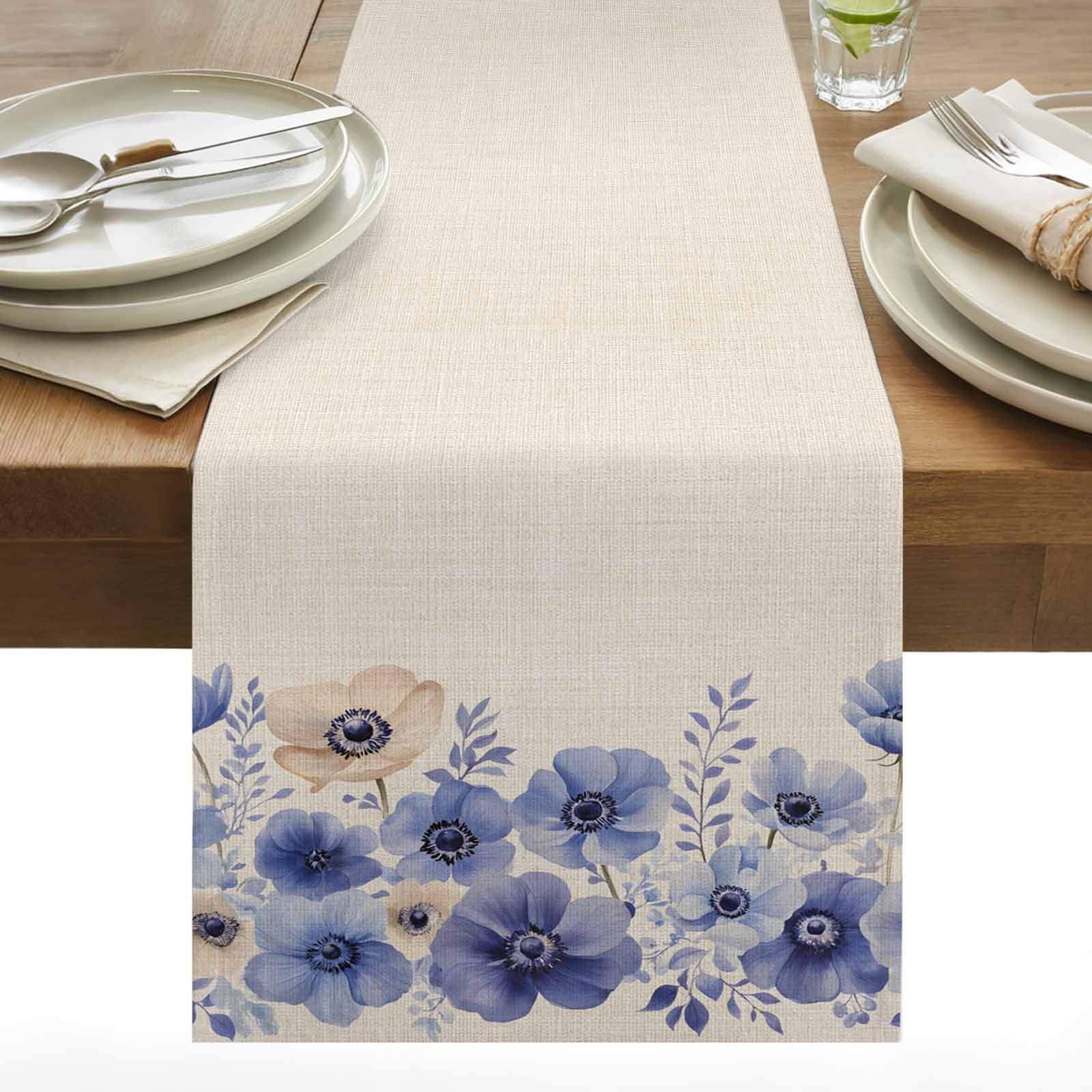 Blue Flowers Cotton Linen Table Runner Spring Watercolor Floral Linen ...
