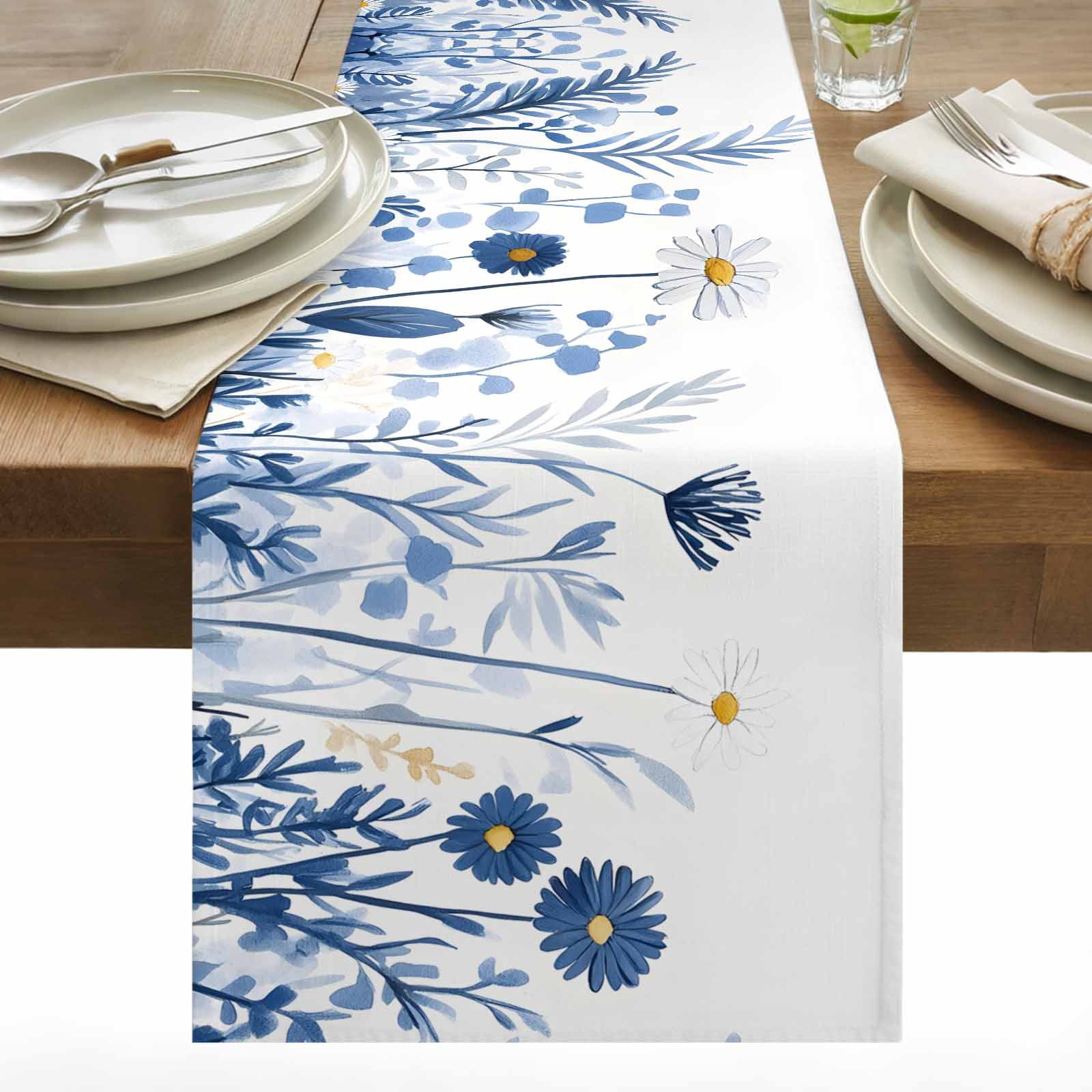 Blue Flowers Cotton Linen Table Runner Spring Watercolor Gradient Blue ...