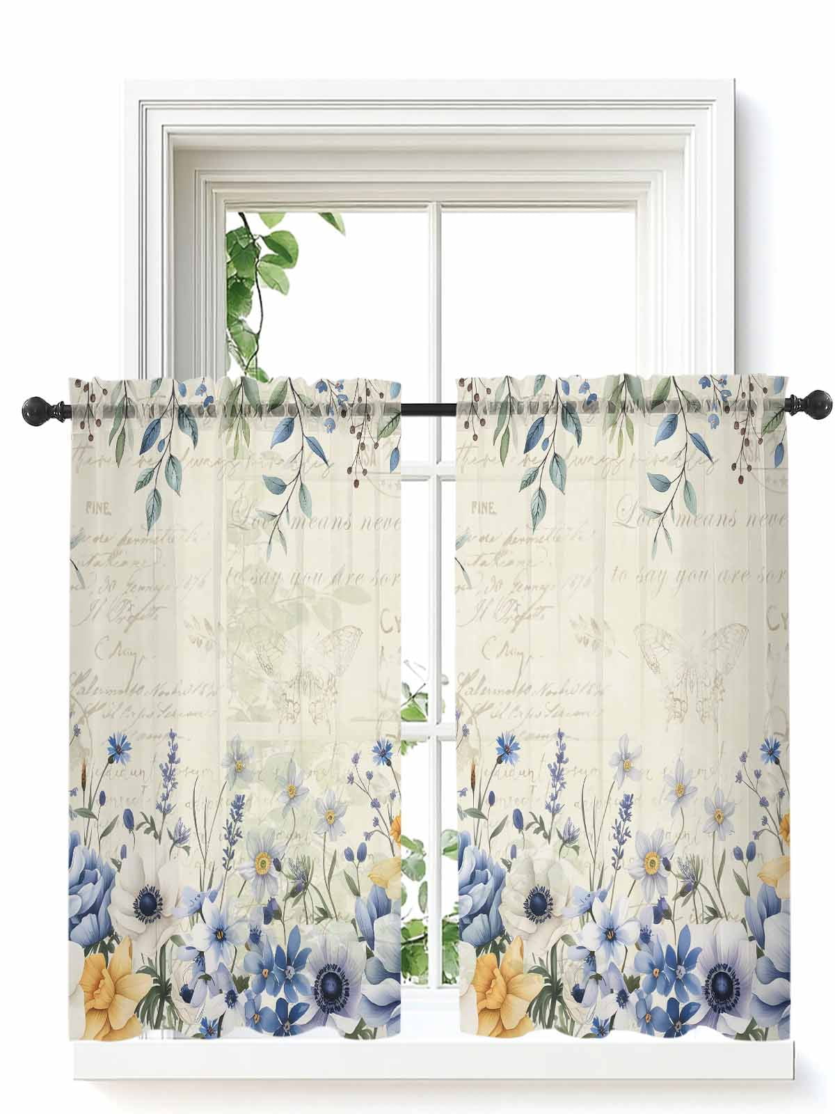 Blue Flowers Curtains 45 Inch Length, Sheer Curtains for Bedroom Living ...
