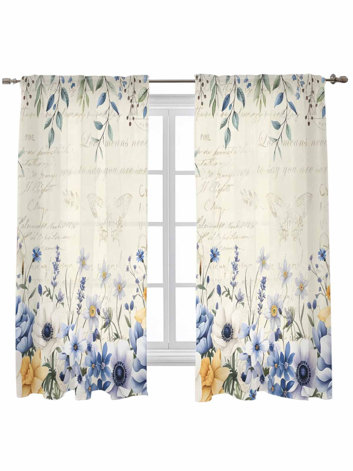 Blue Flowers Curtains 63 Inch Length, Sheer Curtains for Bedroom Living ...