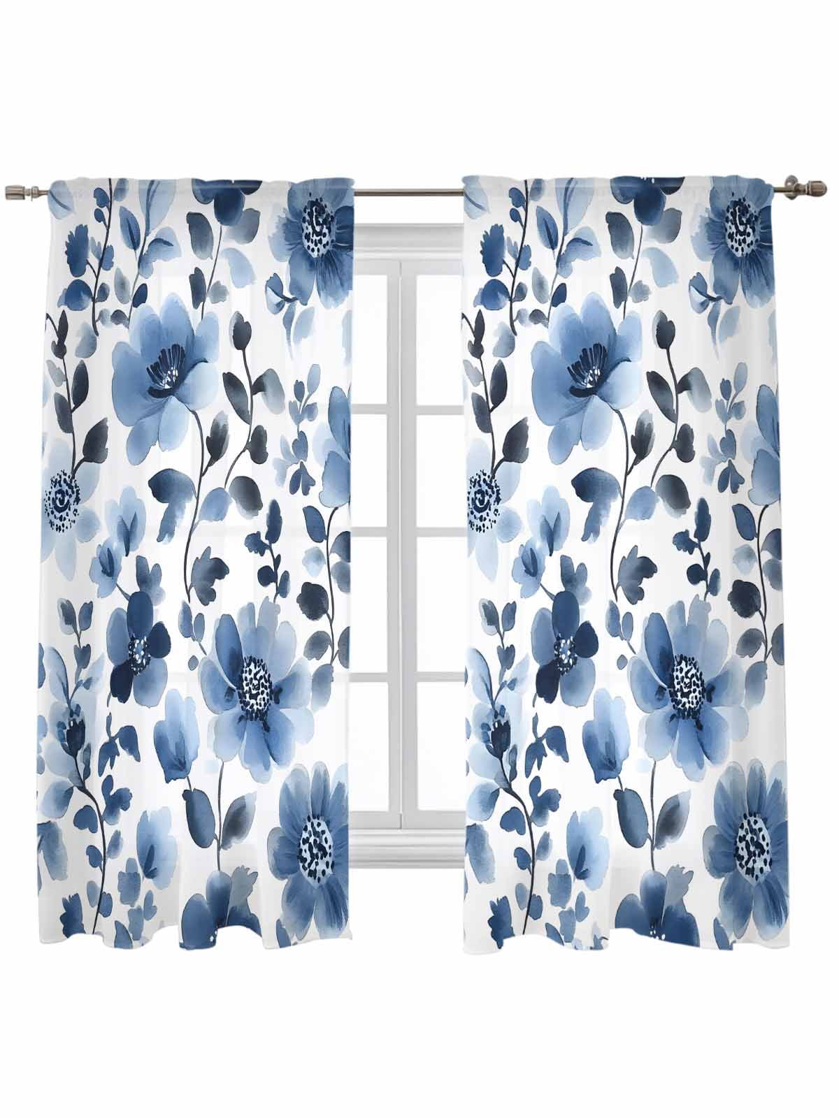 Blue Flowers Curtains 63 Inch Length, Sheer Curtains for Bedroom Living ...