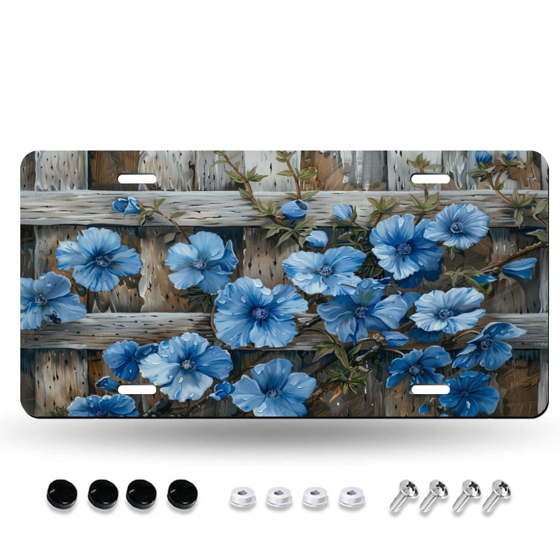 Blue Flowers with Dew Drops on Weathered Wood License Plate Frame ...