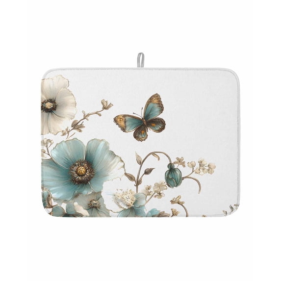 Blue Flowers Dish Drying Mat 18x24 inch Butterfly Watercolor Floral ...