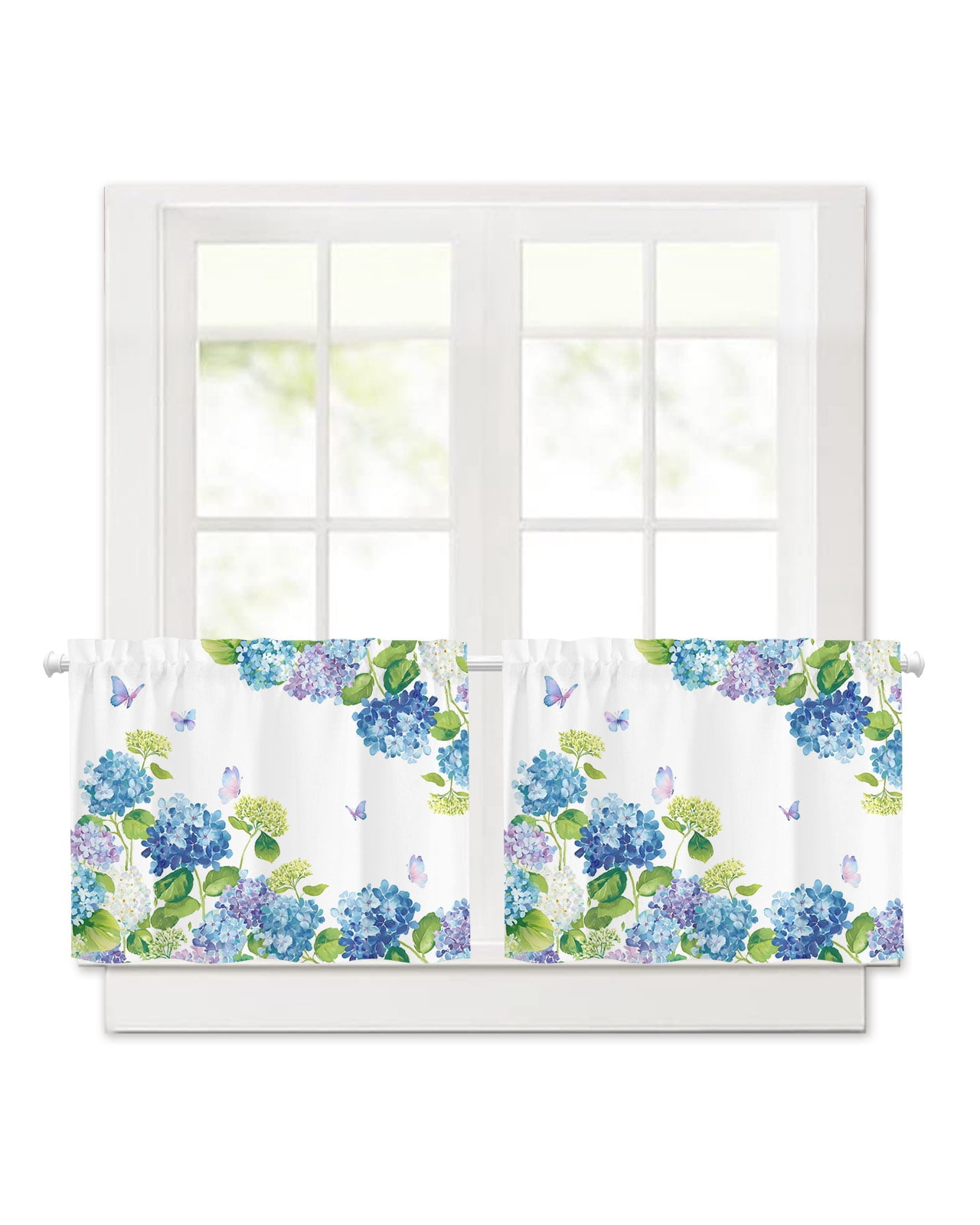 Blue Flowers Embroidered Balls Short Blackout Curtains 24 Inch Long ...