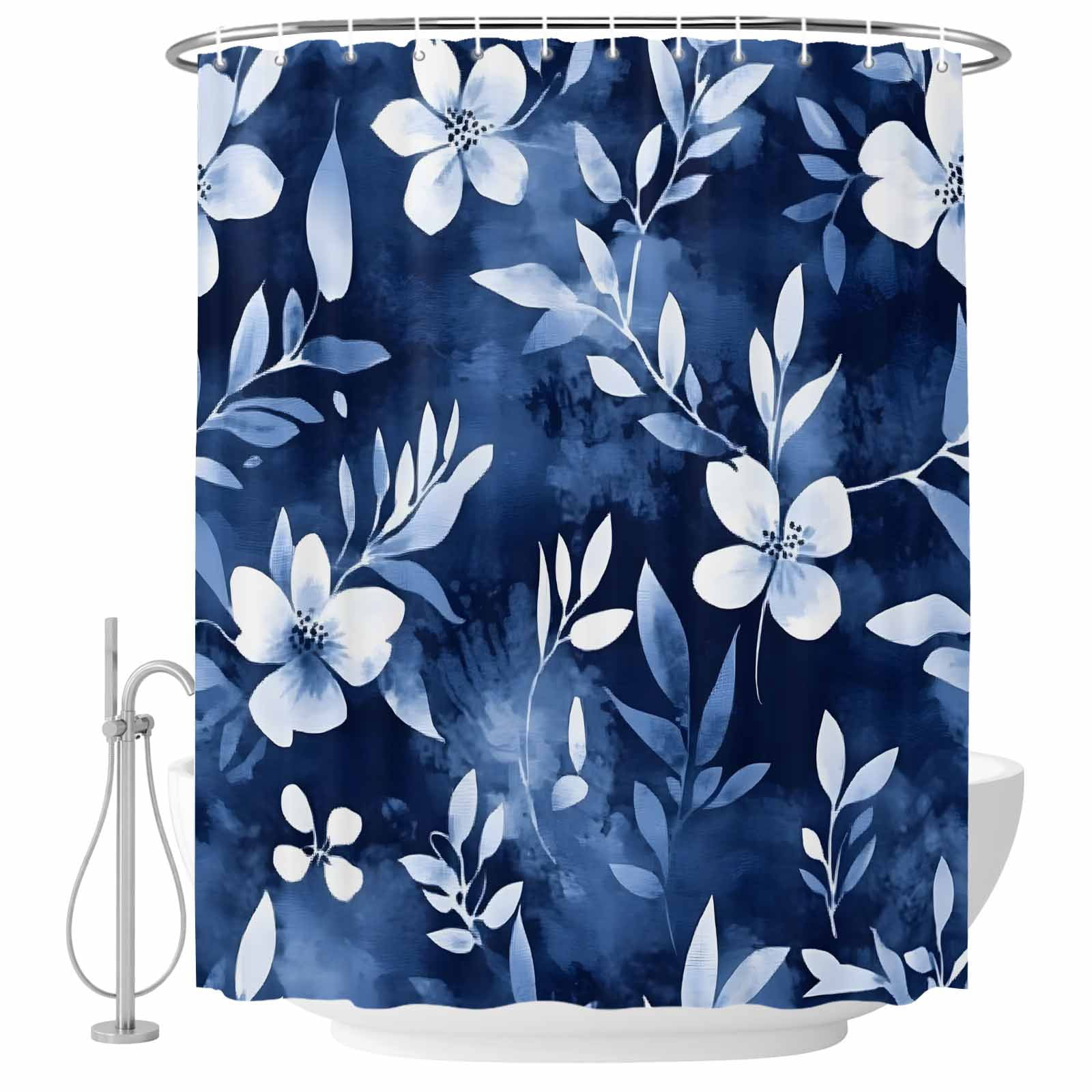 Blue Flowers Fabric Shower Curtain Blue Theme Washable Shower Curtains ...
