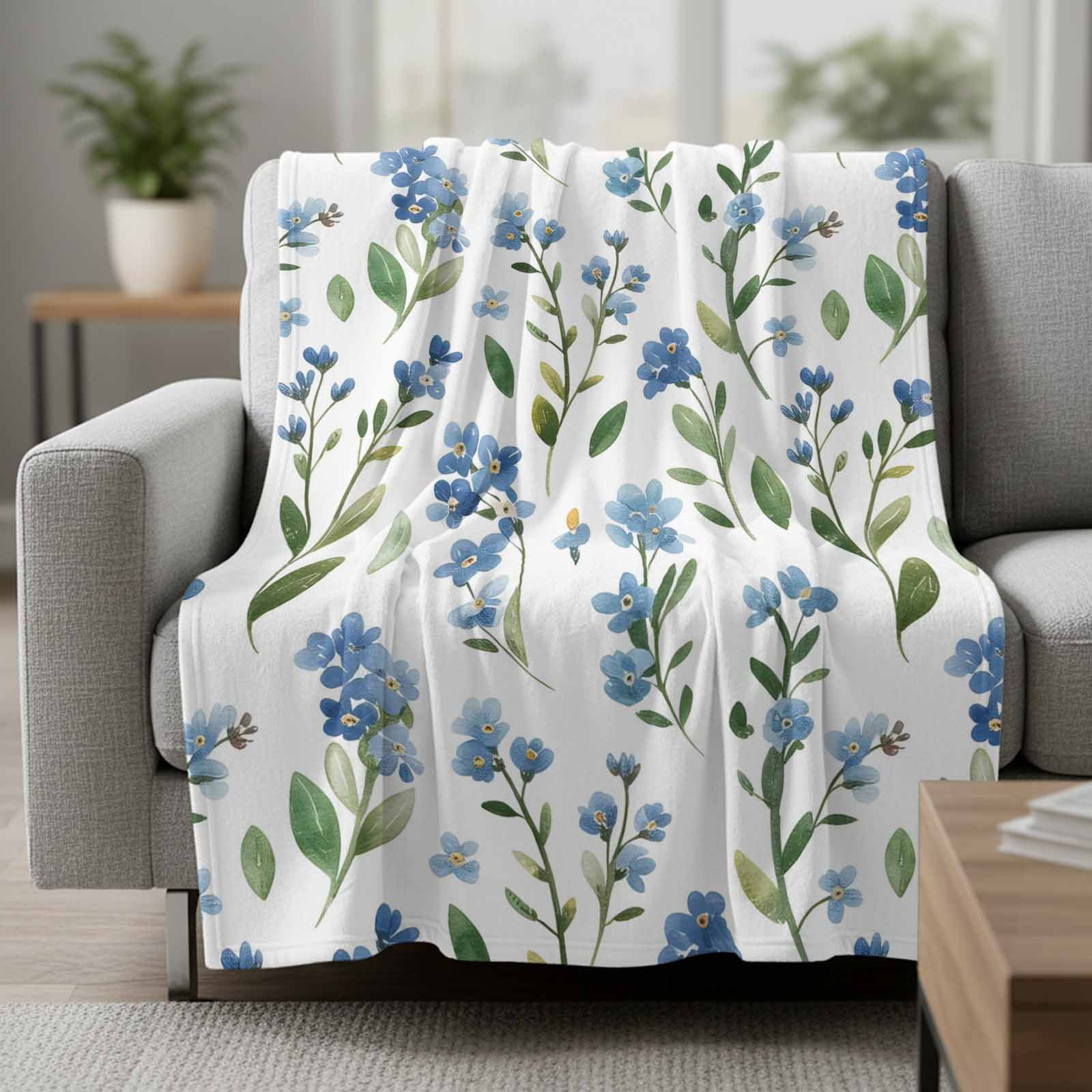 Blue Flowers Fleece Throw Blanket Green Leaf Spring Plant Country ...
