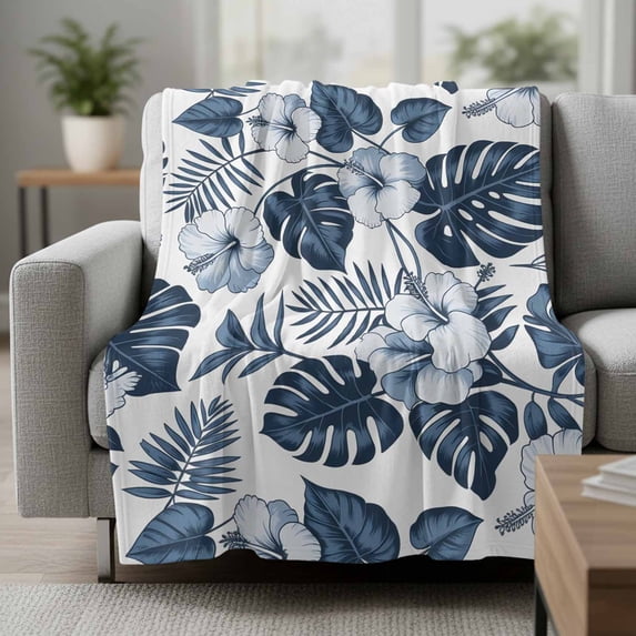 Blue Flowers Fleece Throw Blanket Tropical Leaf Palm Twigs Vintage ...