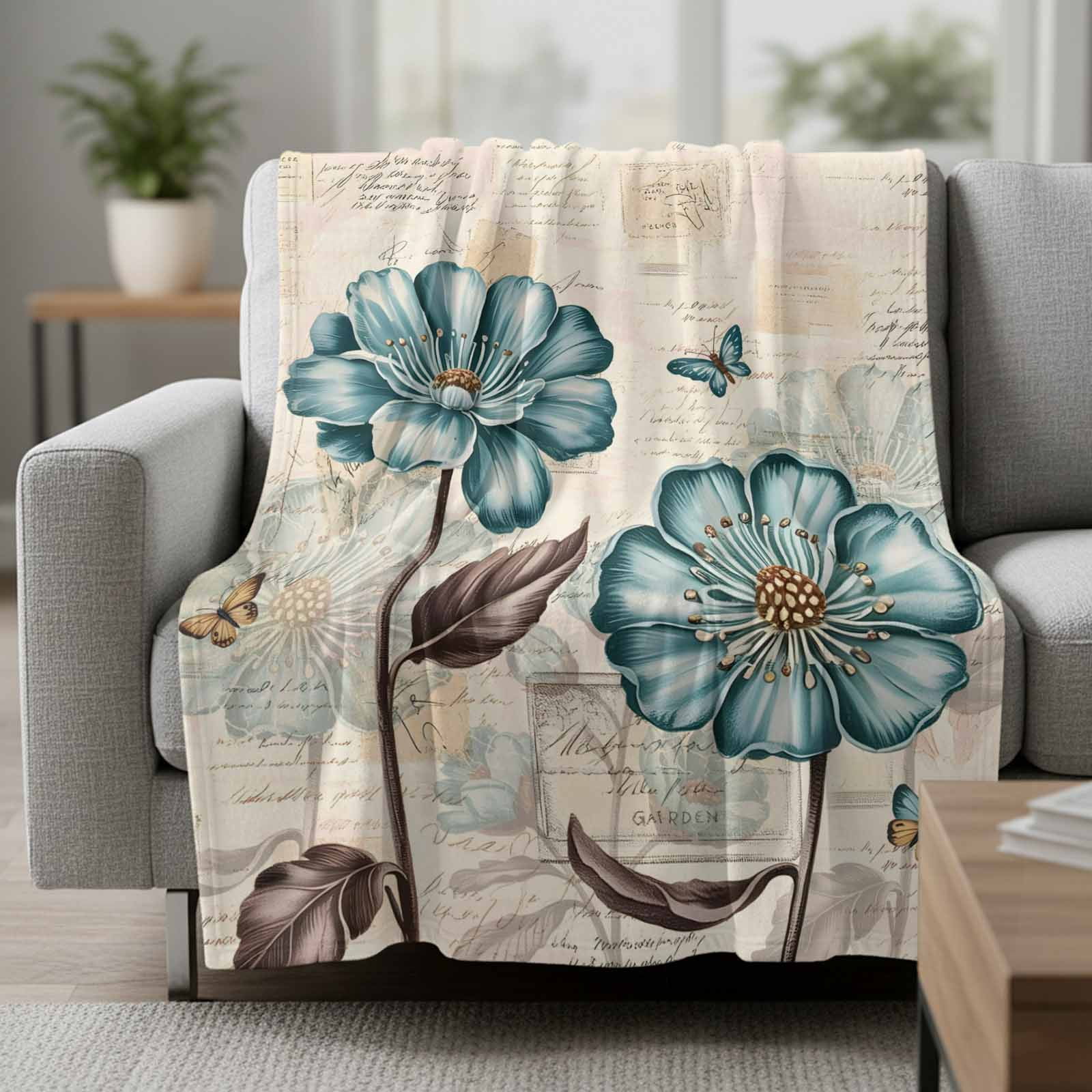Blue Flowers Fleece Throw Blanket Vintage Country Teal Tulip Floral ...