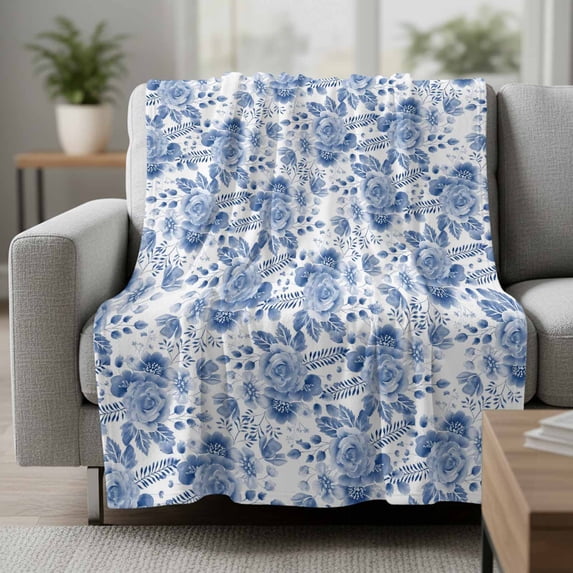 Blue Flowers Fleece Throw Blanket Watercolors Ombre Roses Plant Leaves ...
