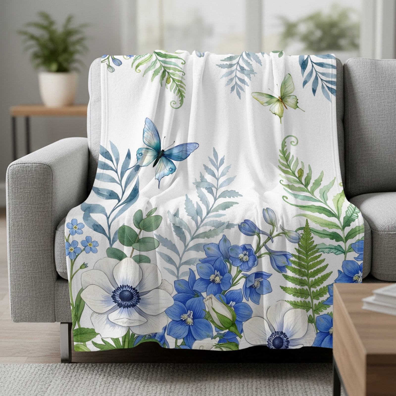 Blue Flowers Fleece Throw Blanket White Floral Butterflies Green Leaf ...