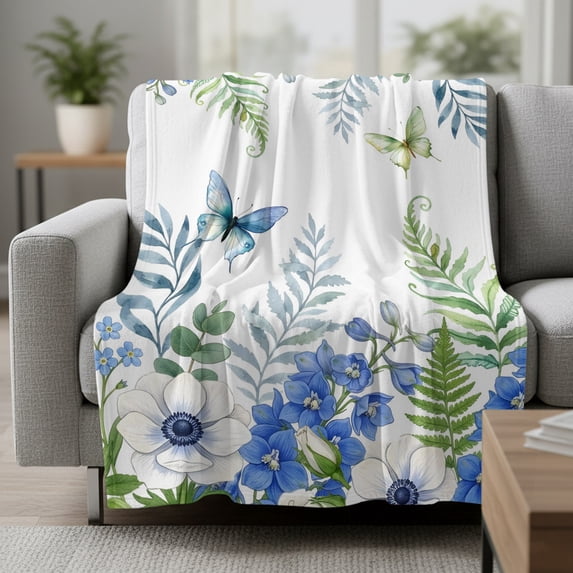 Blue Flowers Fleece Throw Blanket White Floral Butterflies Green Leaf ...