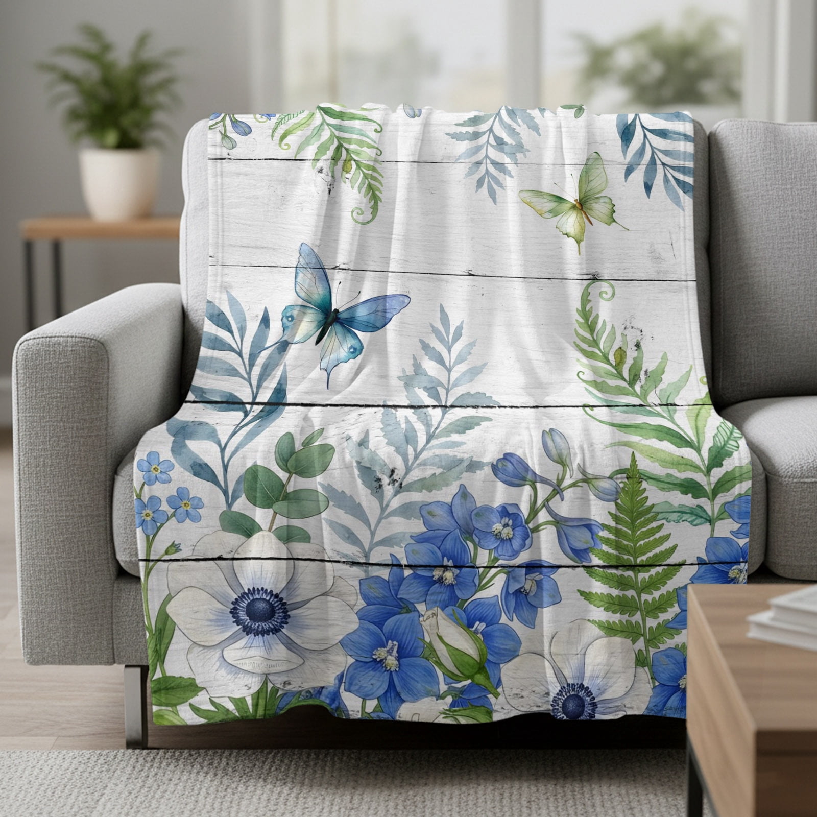 Blue Flowers Fleece Throw Blanket White Floral Butterflies Green Leaf ...