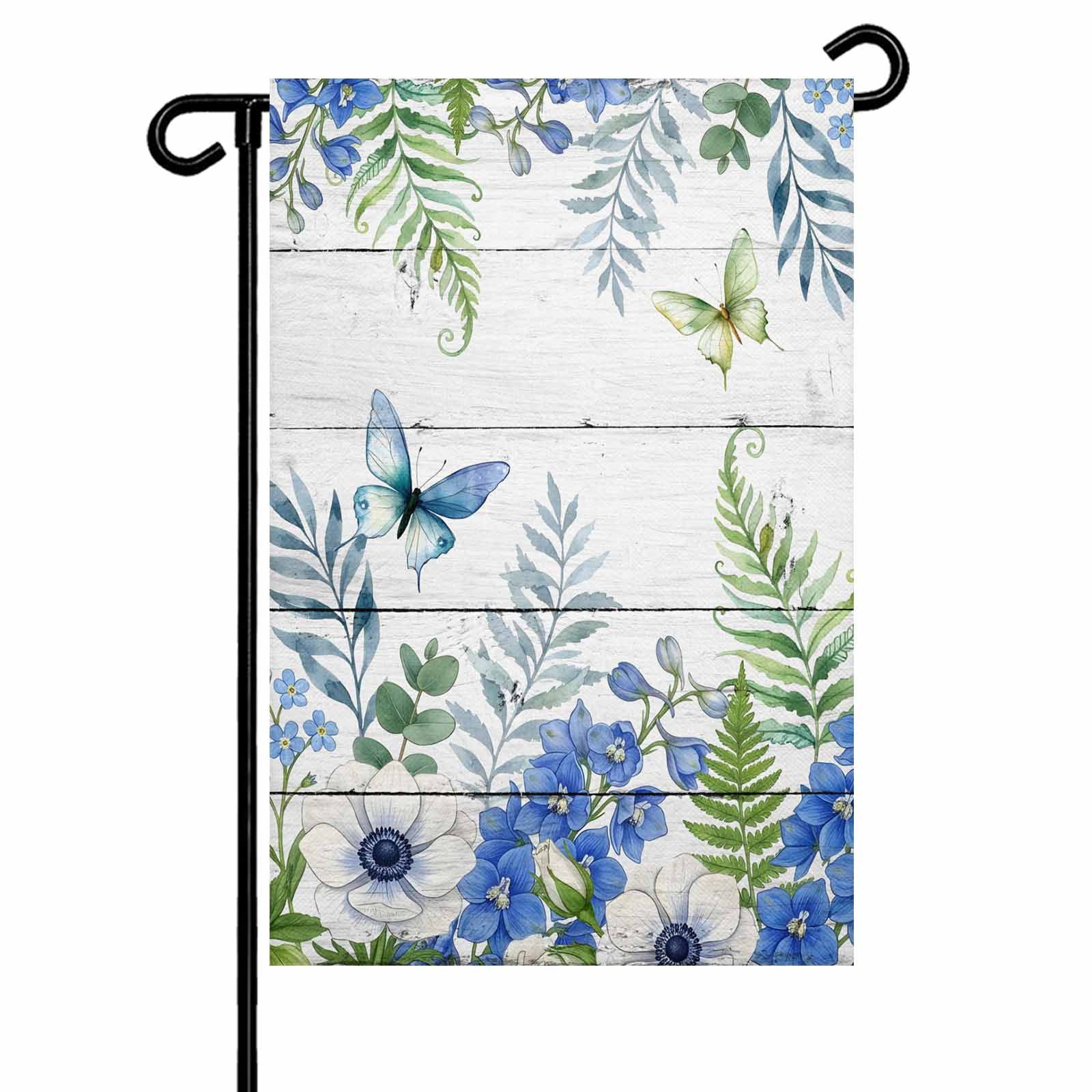 Blue Flowers Garden Flag 28x40 Inch White Floral Butterflies Green Leaf ...