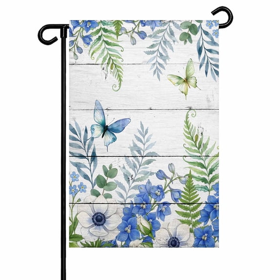 Blue Flowers Garden Flag 28x40 Inch White Floral Butterflies Green Leaf ...