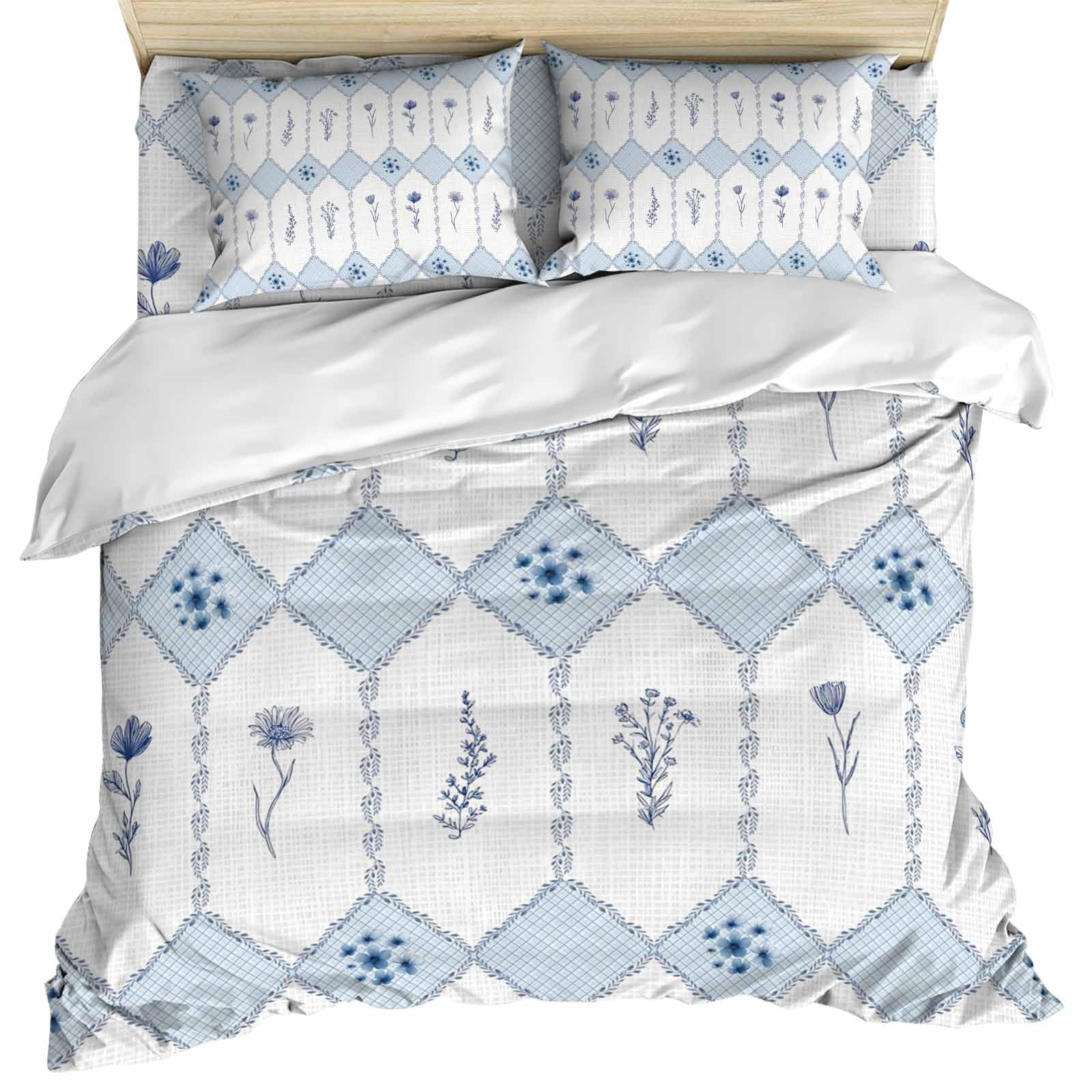 Blue Flowers Geometric Set of 4 Bedding Quilt Covers, Spring Floral ...