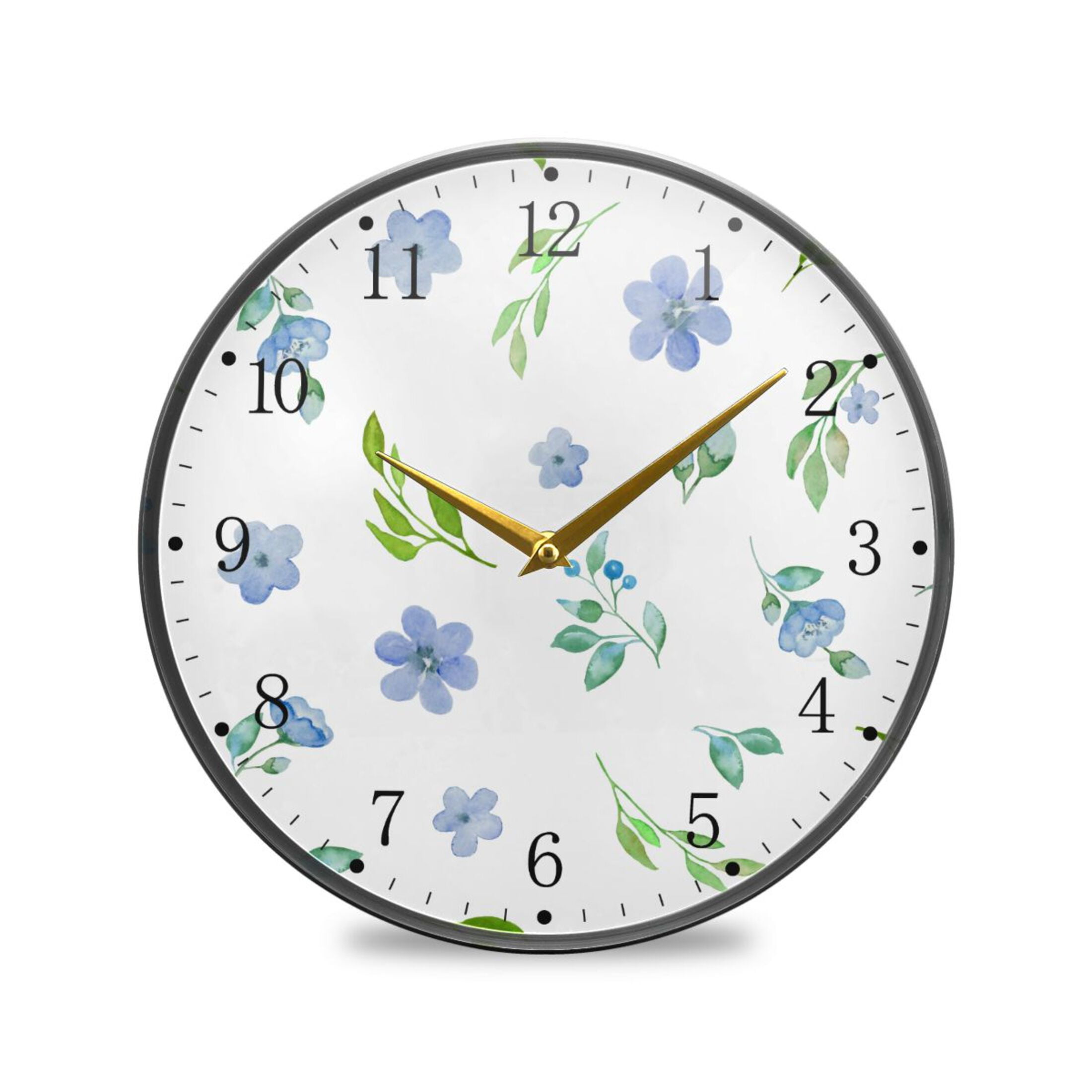Blue Flowers and Green Leaves Acrylic Wall Clocks Quiet Round Clock Battery Operated Non-Ticking ...